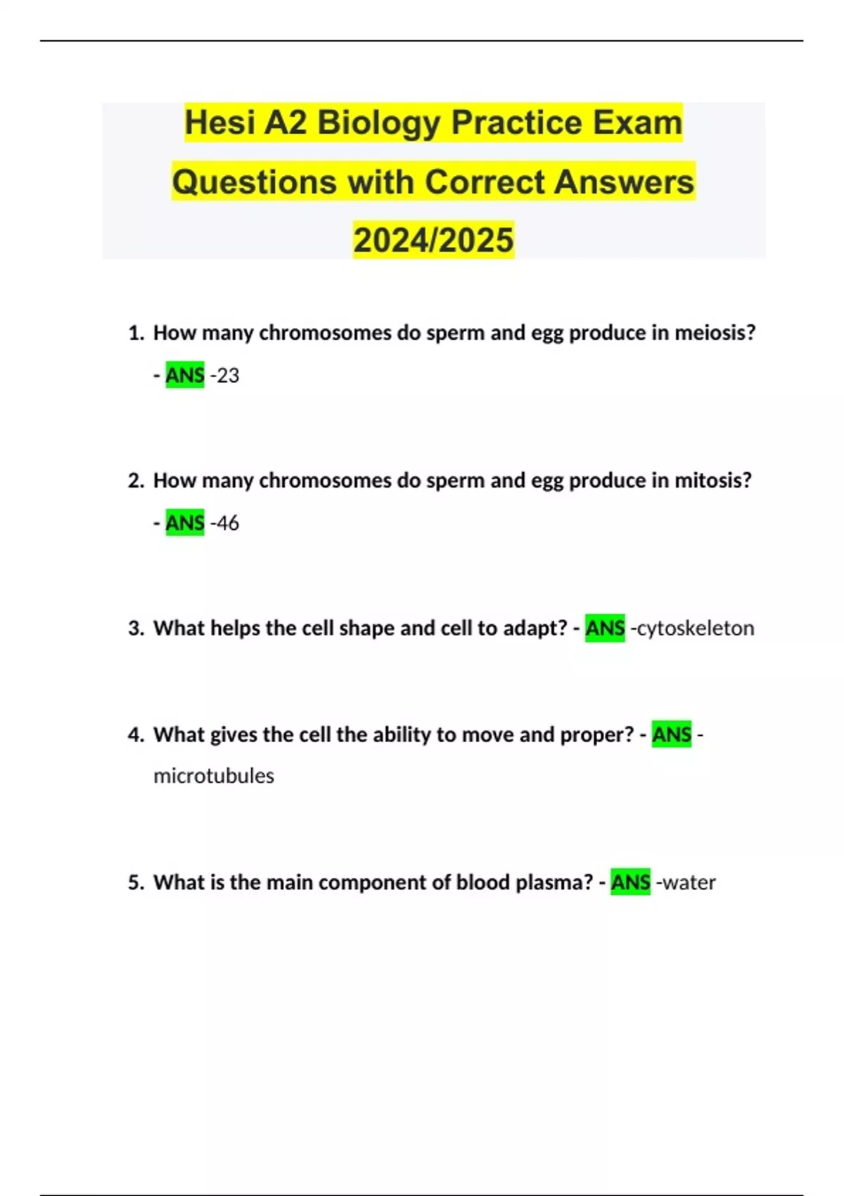 Hesi A2 Biology Practice Exam Questions with Correct Answers 2024/2025 ...