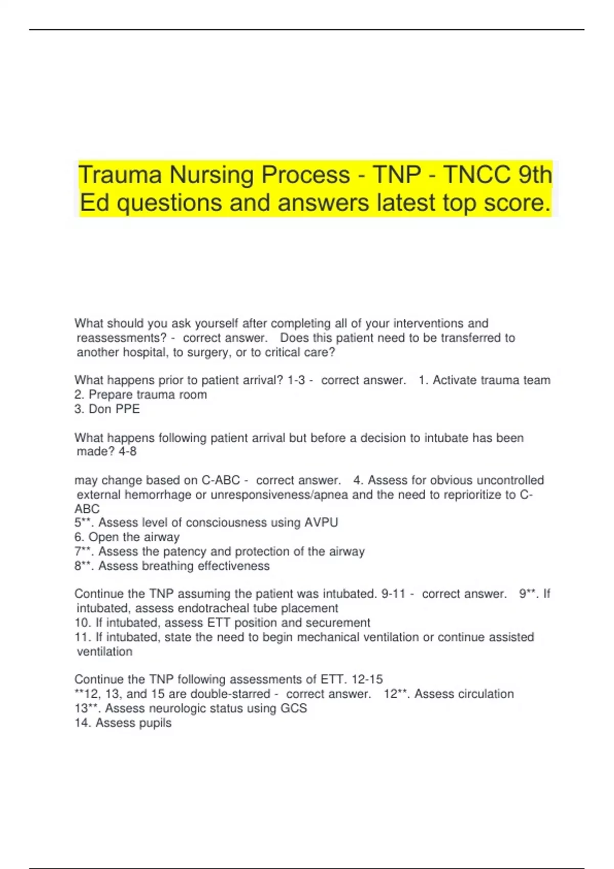 Trauma Nursing Process - TNP - TNCC 9th Ed questions and answers latest ...