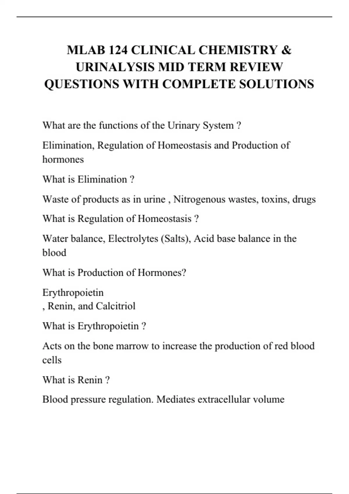 MLAB 124 CLINICAL CHEMISTRY & URINALYSIS MID TERM REVIEW QUESTIONS WITH ...