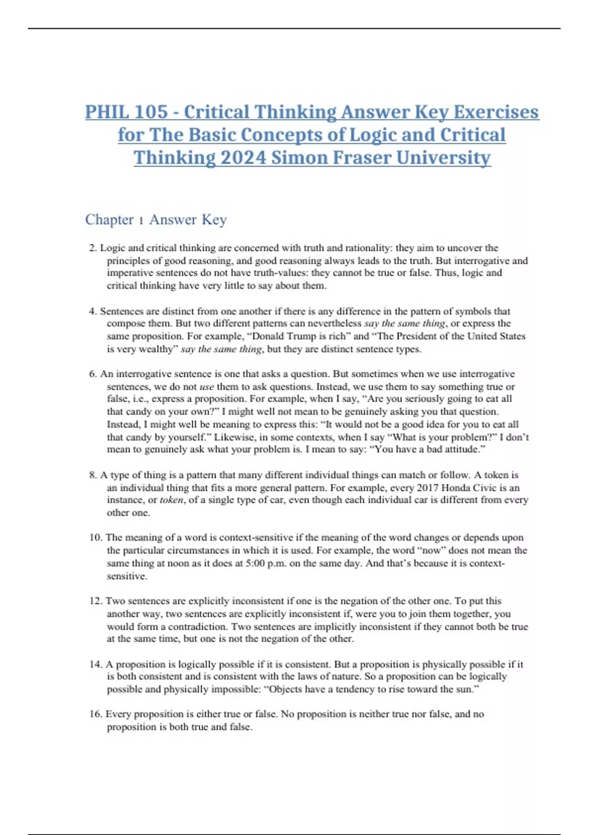 PHIL 105 - Critical Thinking Answer Key Exercises for The Basic Concepts of Logic and Critical ...