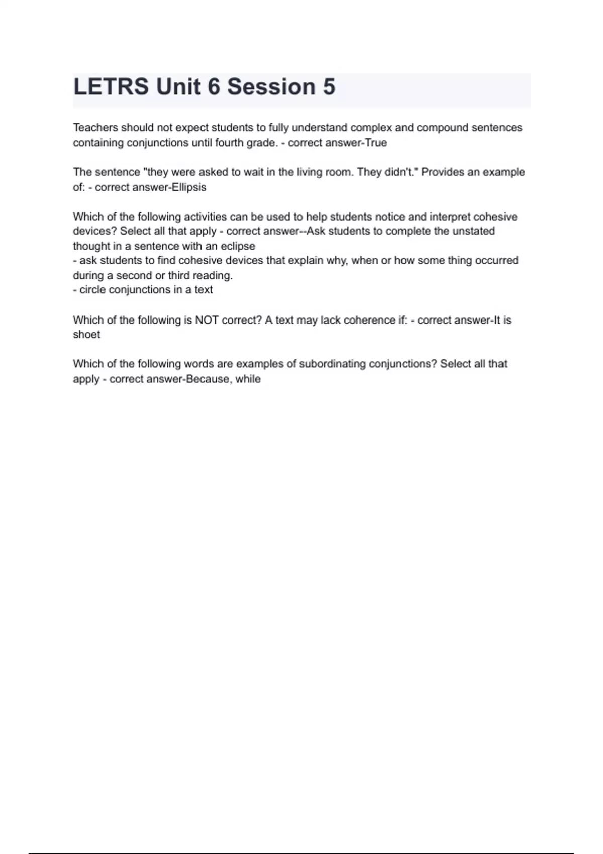 LETRS Unit 6 Session 5 Questions with 100% Actual correct answers ...