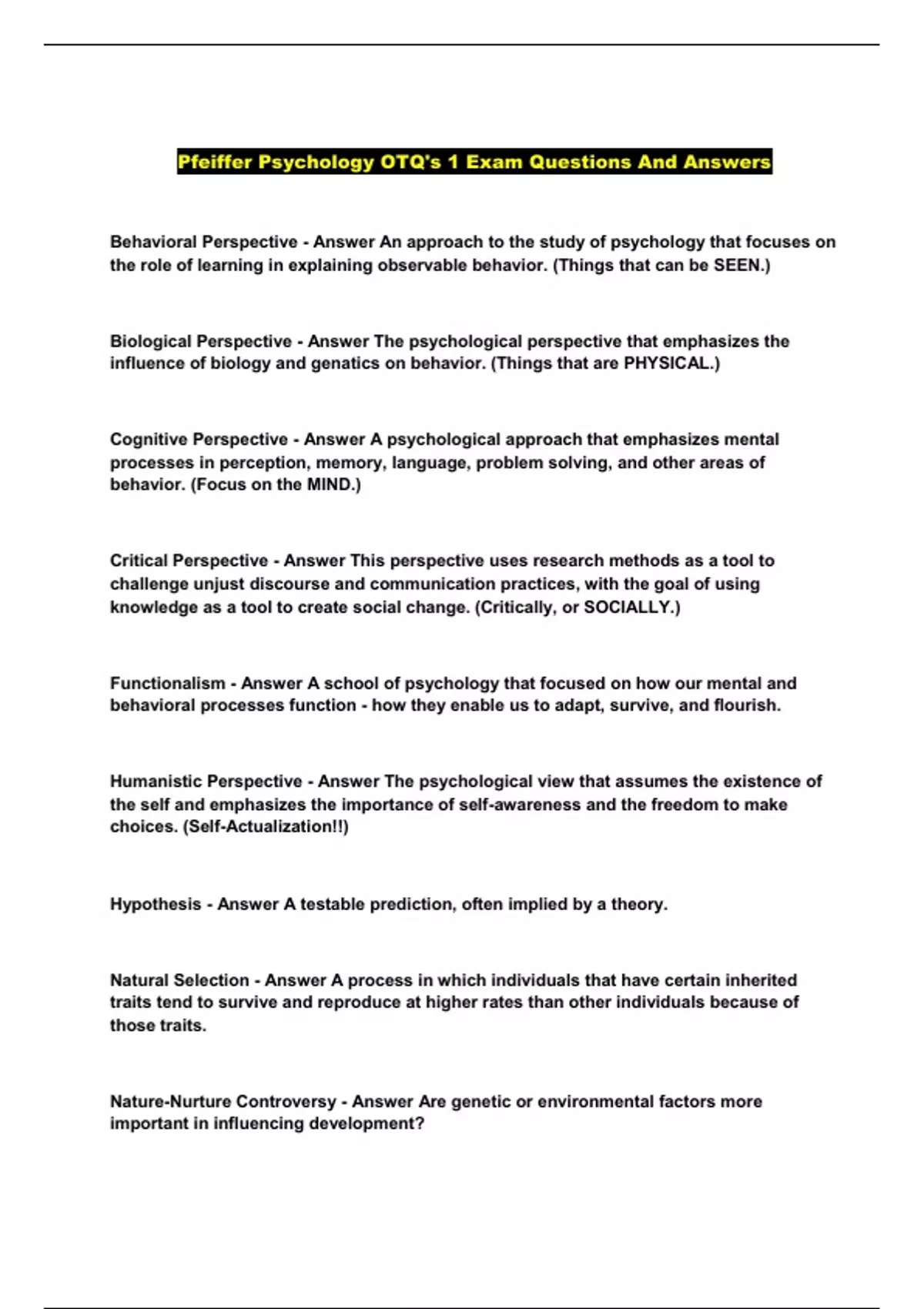 Pfeiffer Psychology OTQ's 1 Exam Questions And Answers - Pfeiffer ...