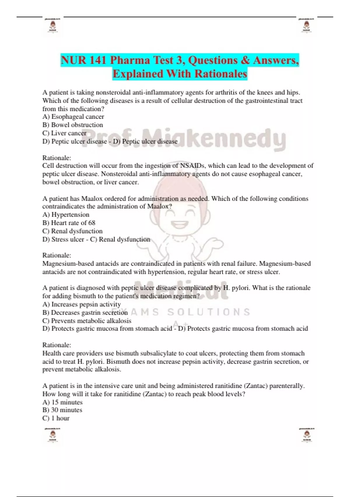 NUR 141 Pharma Test 3, Questions & Answers, Explained With Rationales ...
