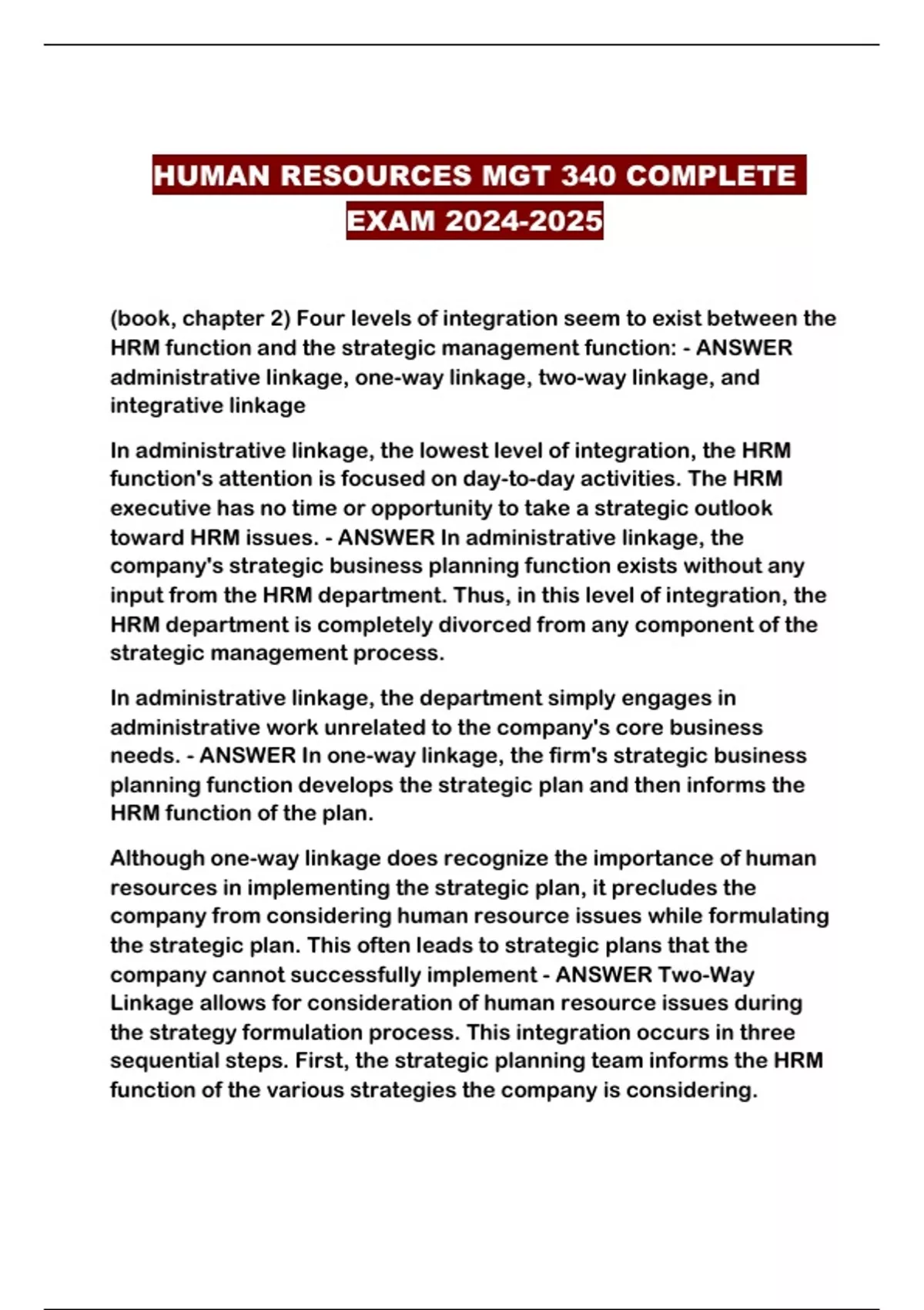HUMAN RESOURCES MGT 340 COMPLETE EXAM - HUMAN RESOURCES MGT 340 - Stuvia US