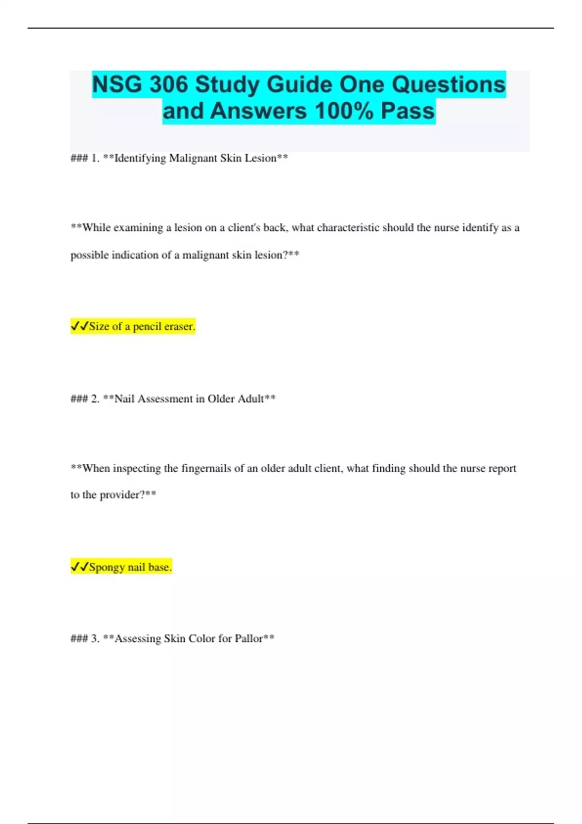 NSG 306 Study Guide One Questions and Answers 100% Pass - NSG 306 ...