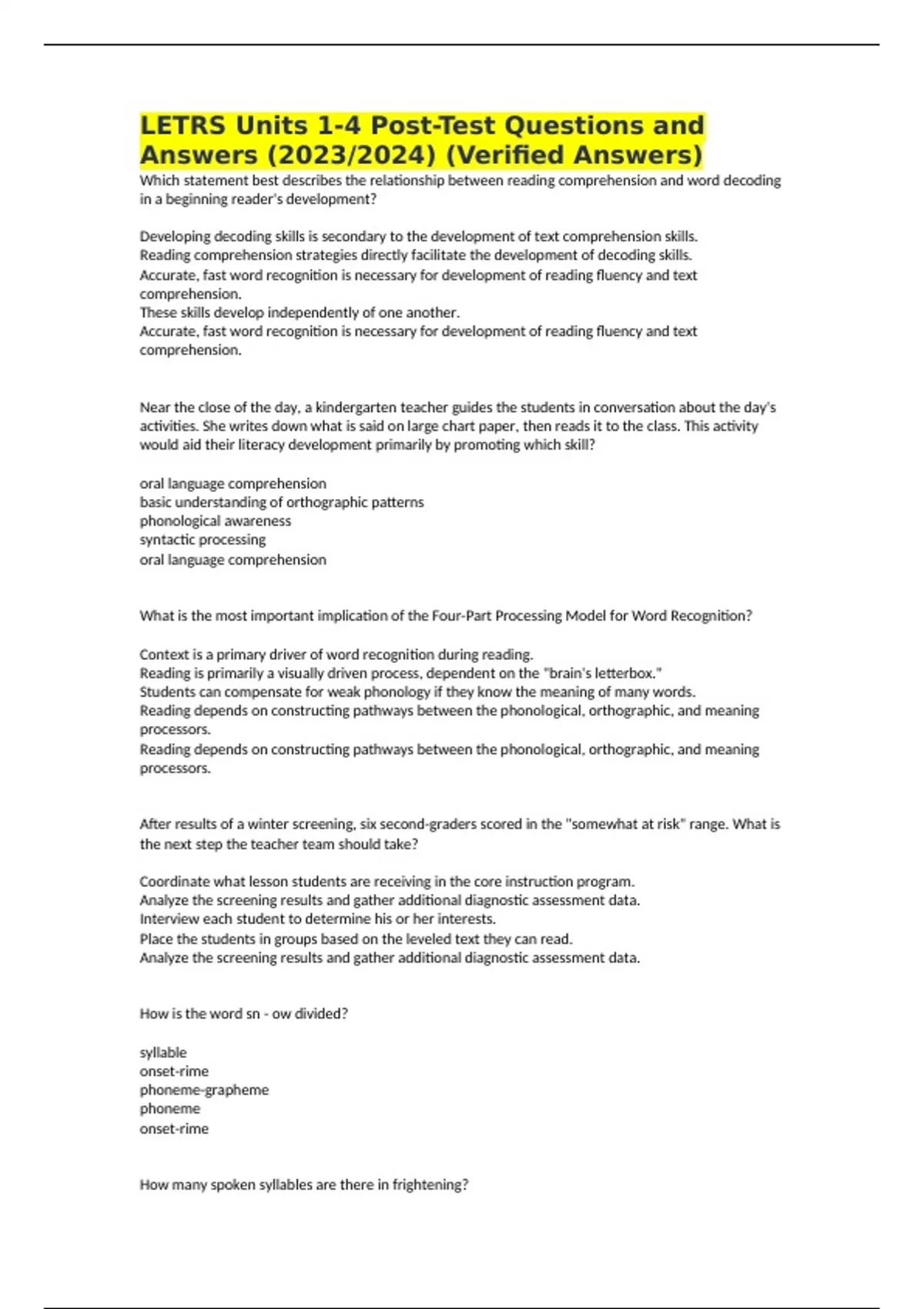 LETRS Units 1-4 Post-Test Questions and Answers (2023/2024) (Verified ...