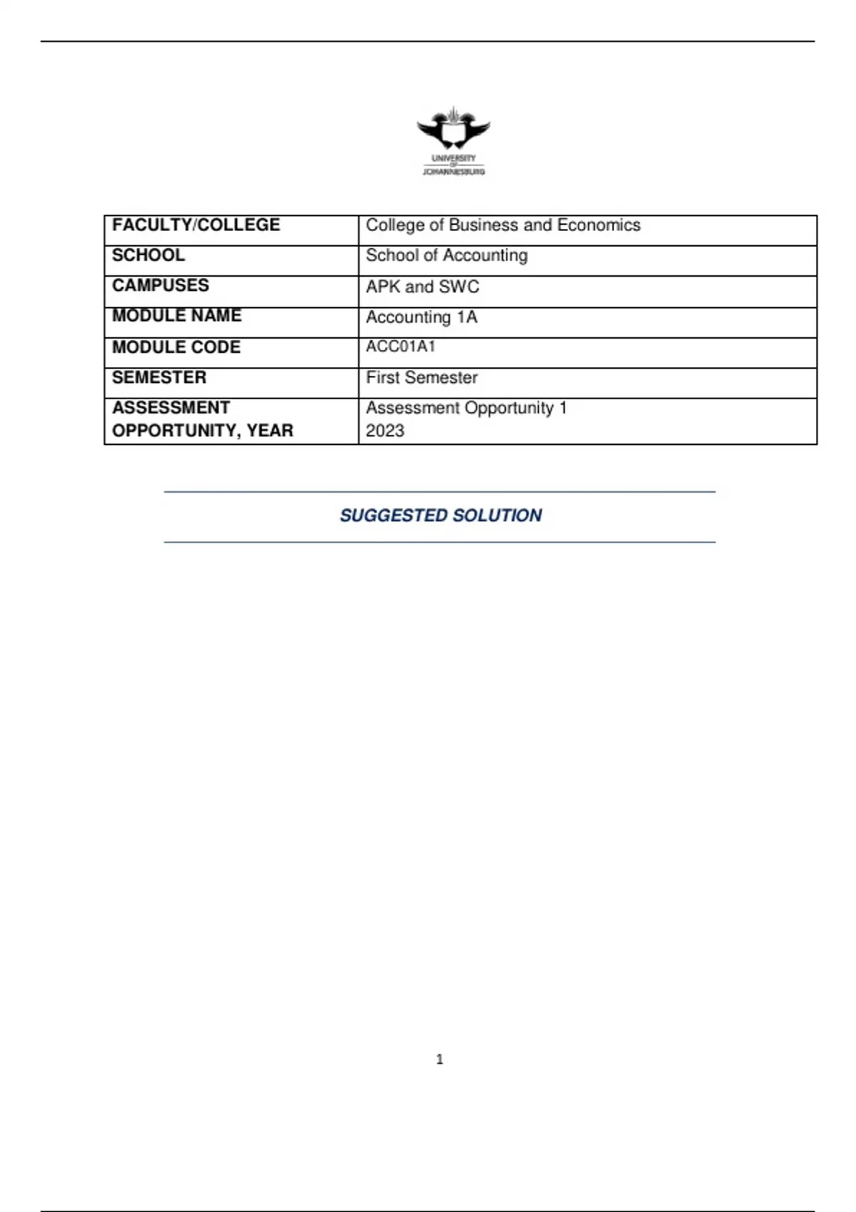 Accounting 1A Semester Test 1 2023 MEMO - Accounting 1A (ACC01A1 ...