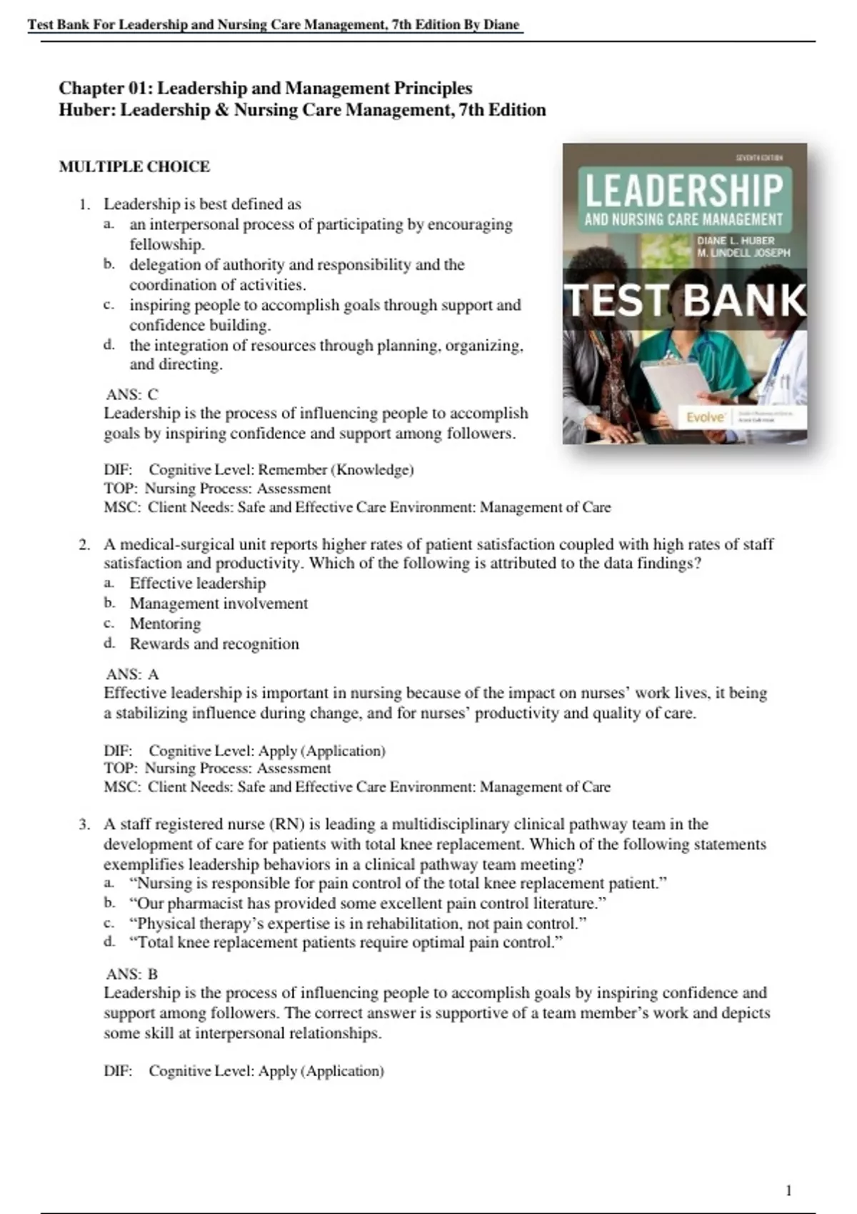 Test Bank For Leadership and Nursing Care Management, 7th Edition By ...