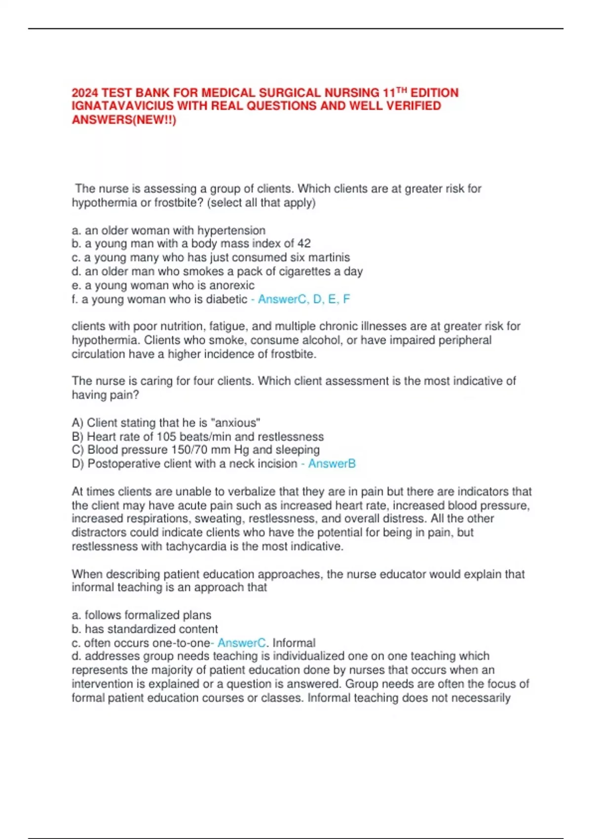 2024 TEST BANK FOR MEDICAL SURGICAL NURSING 11TH EDITION IGNATAVAVICIUS ...