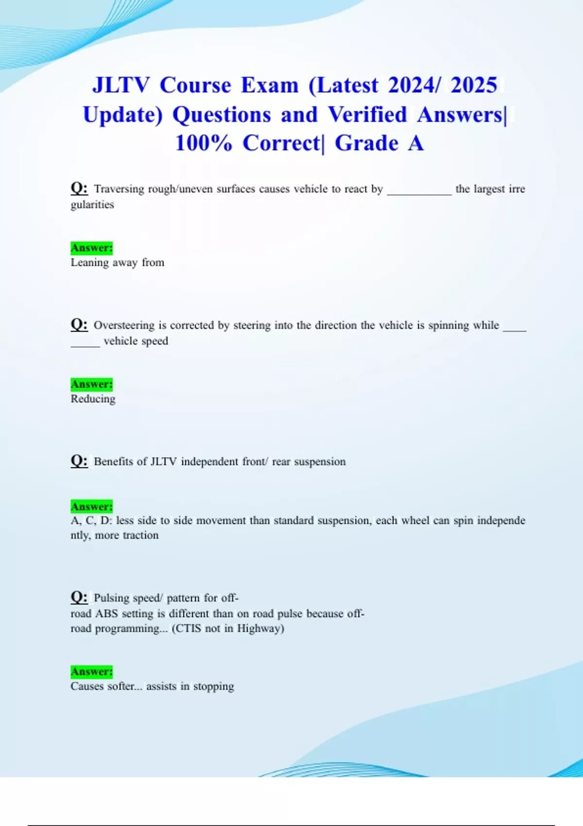 JLTV Course Exam (Latest 2024/ 2025 Update) Questions and Verified ...