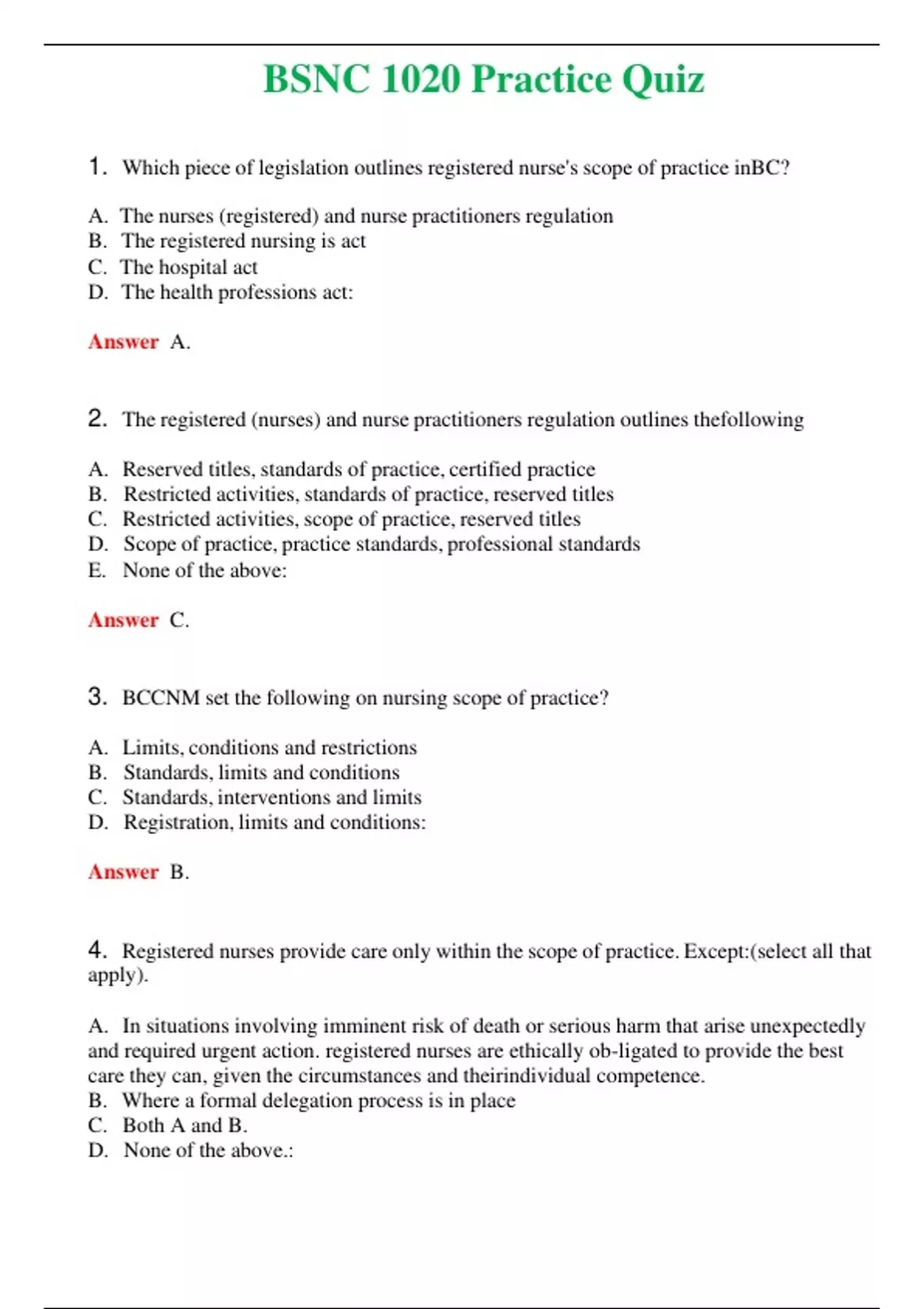 BSNC 1020 Practice Quiz (Latest 2024) Questions With Complete Grade A+ ...