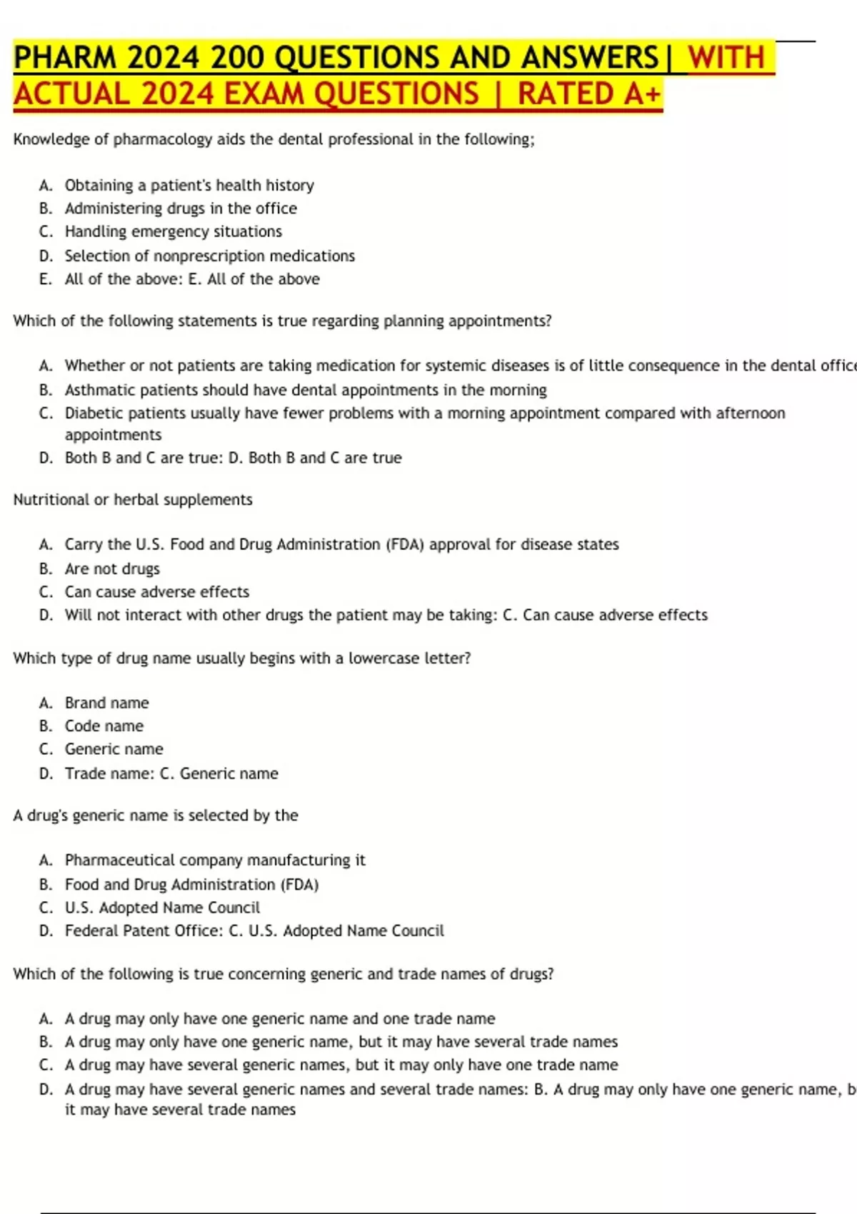 PHARM 2024 200 QUESTIONS AND ANSWERS| WITH ACTUAL 2024 EXAM QUESTIONS ...