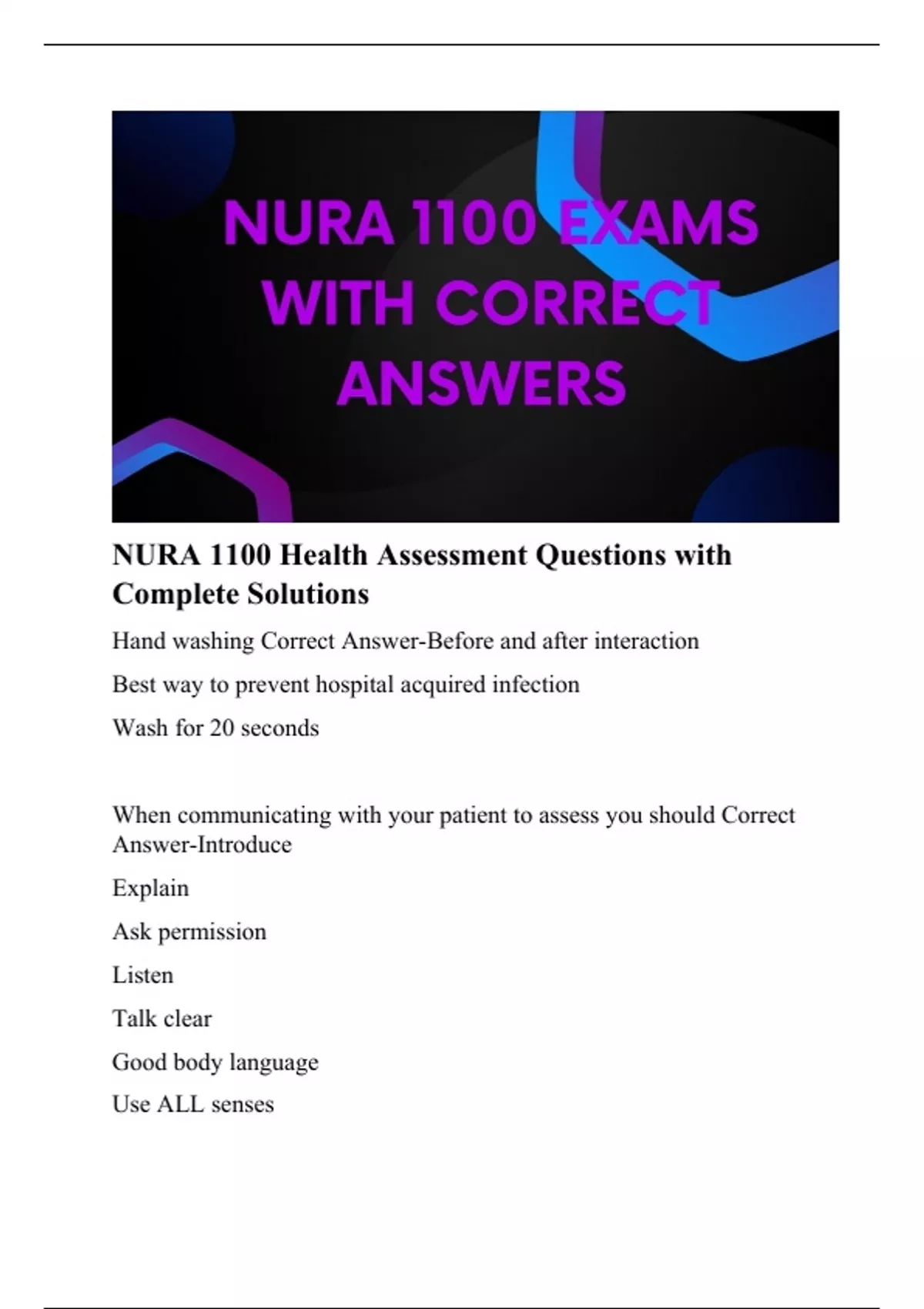 NURA 1100 Health Assessment Questions with Complete Solutions - NURA 1100 - Stuvia US
