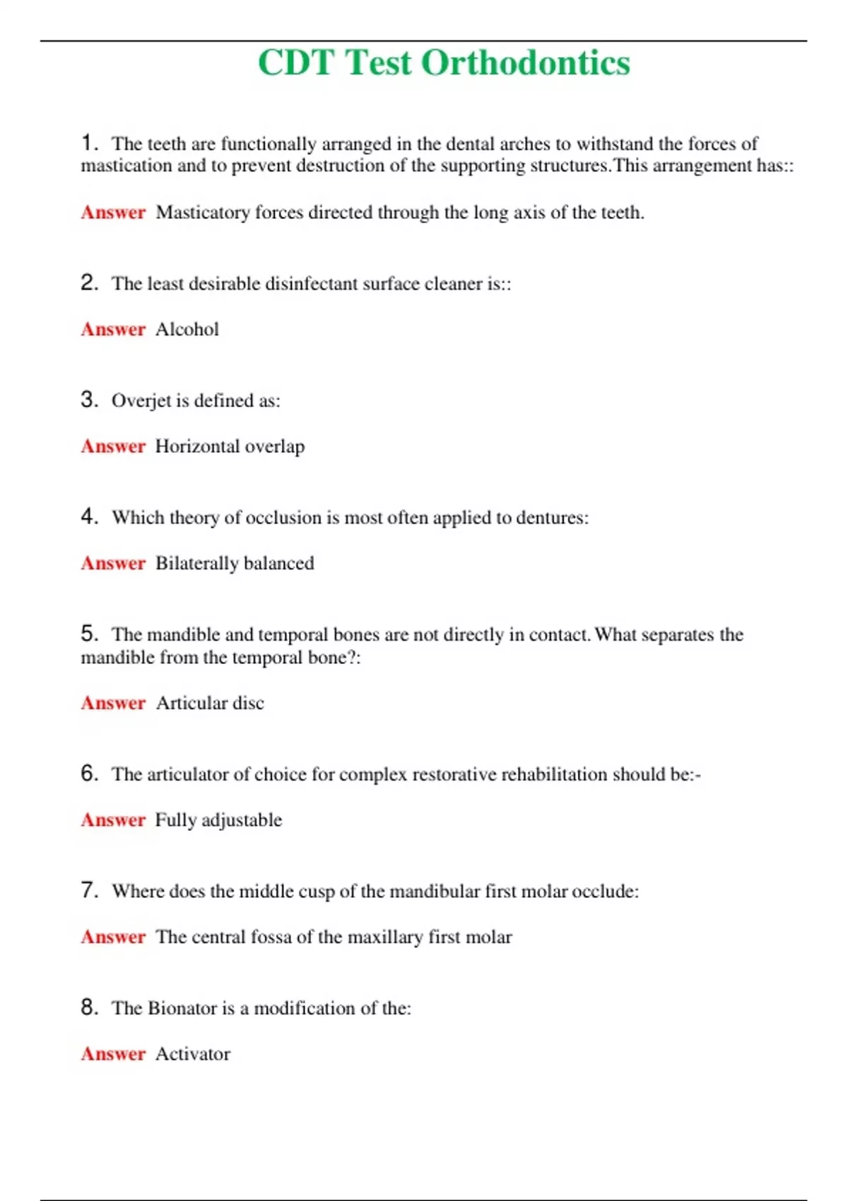CDT Test Orthodontics (Latest 2024) Questions With Complete Grade A+ ...