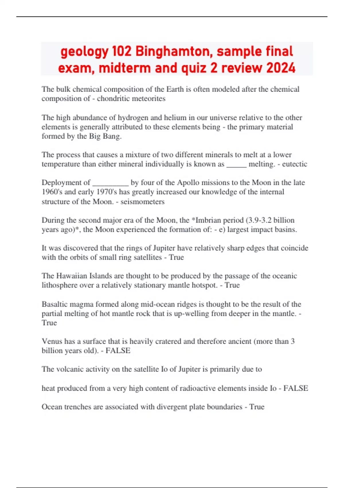 geology 102 Binghamton, sample final exam, midterm and quiz 2 review ...