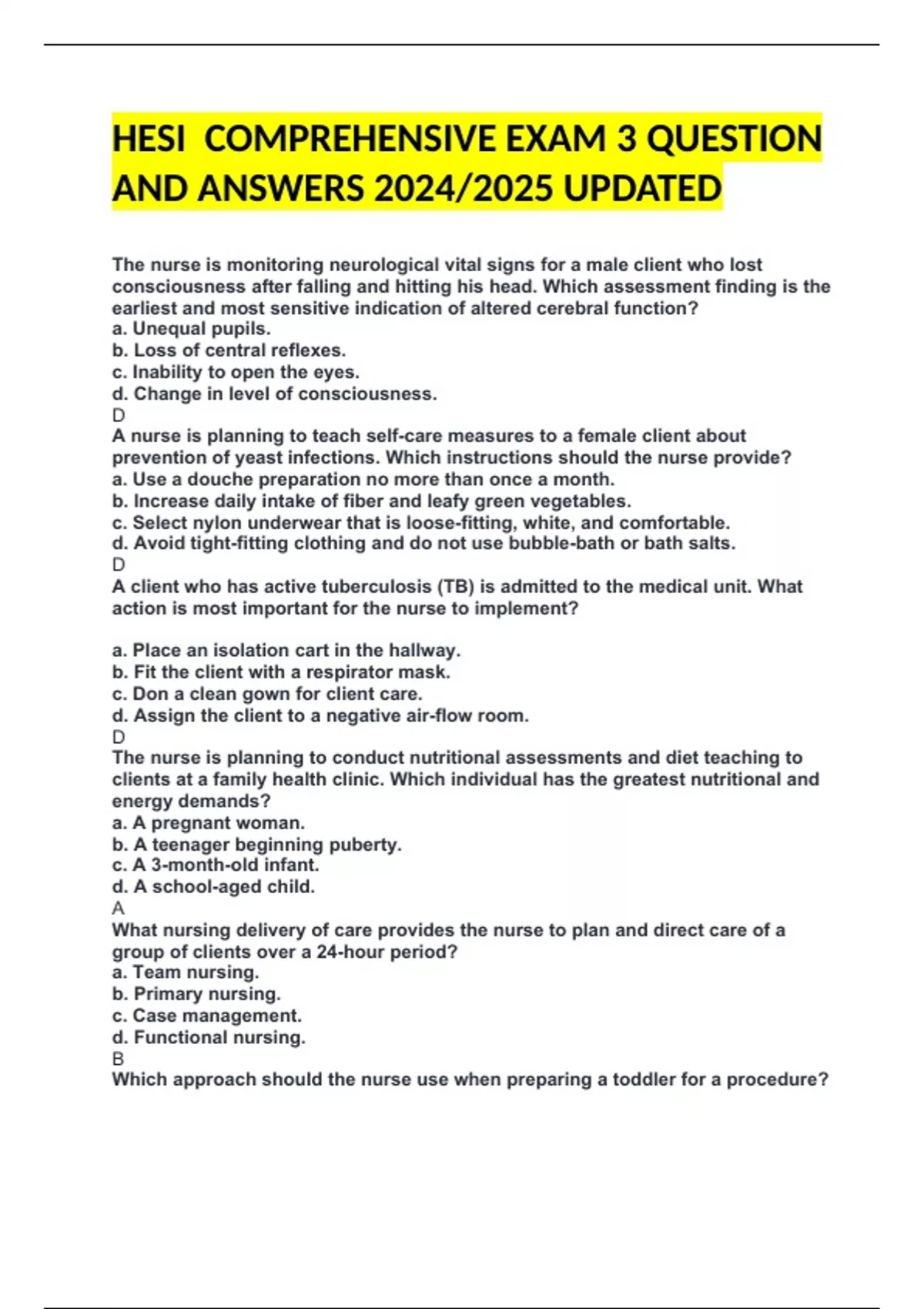 HESI COMPREHENSIVE EXAM 3 QUESTION AND ANSWERS 2024/2025 UPDATED - HESI ...