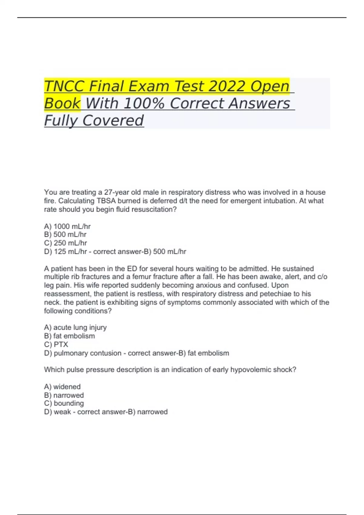 TNCC final exam test 2024 open book updated - TNCC - Stuvia US