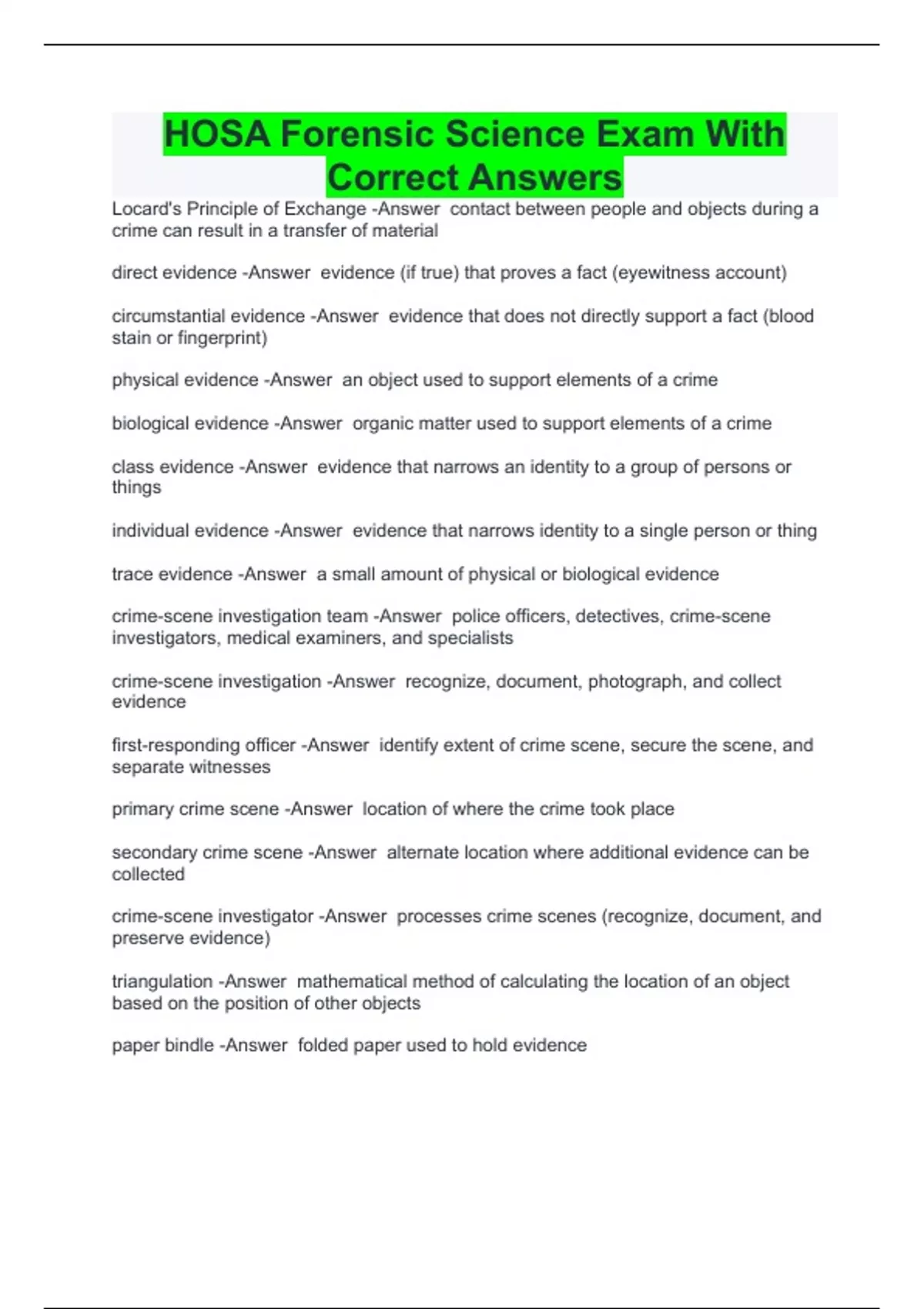 HOSA Forensic Science Exam With Correct Answers - HOSA - Stuvia US