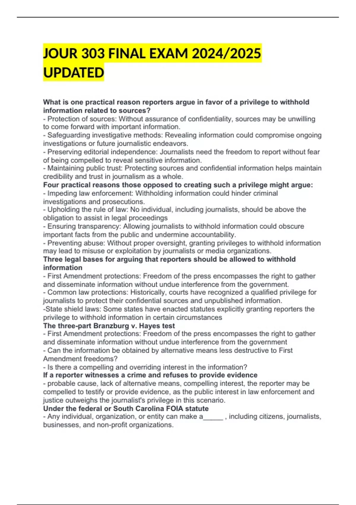 JOUR 303 FINAL EXAM 2024/2025 UPDATED - JOUR 303 - Stuvia US