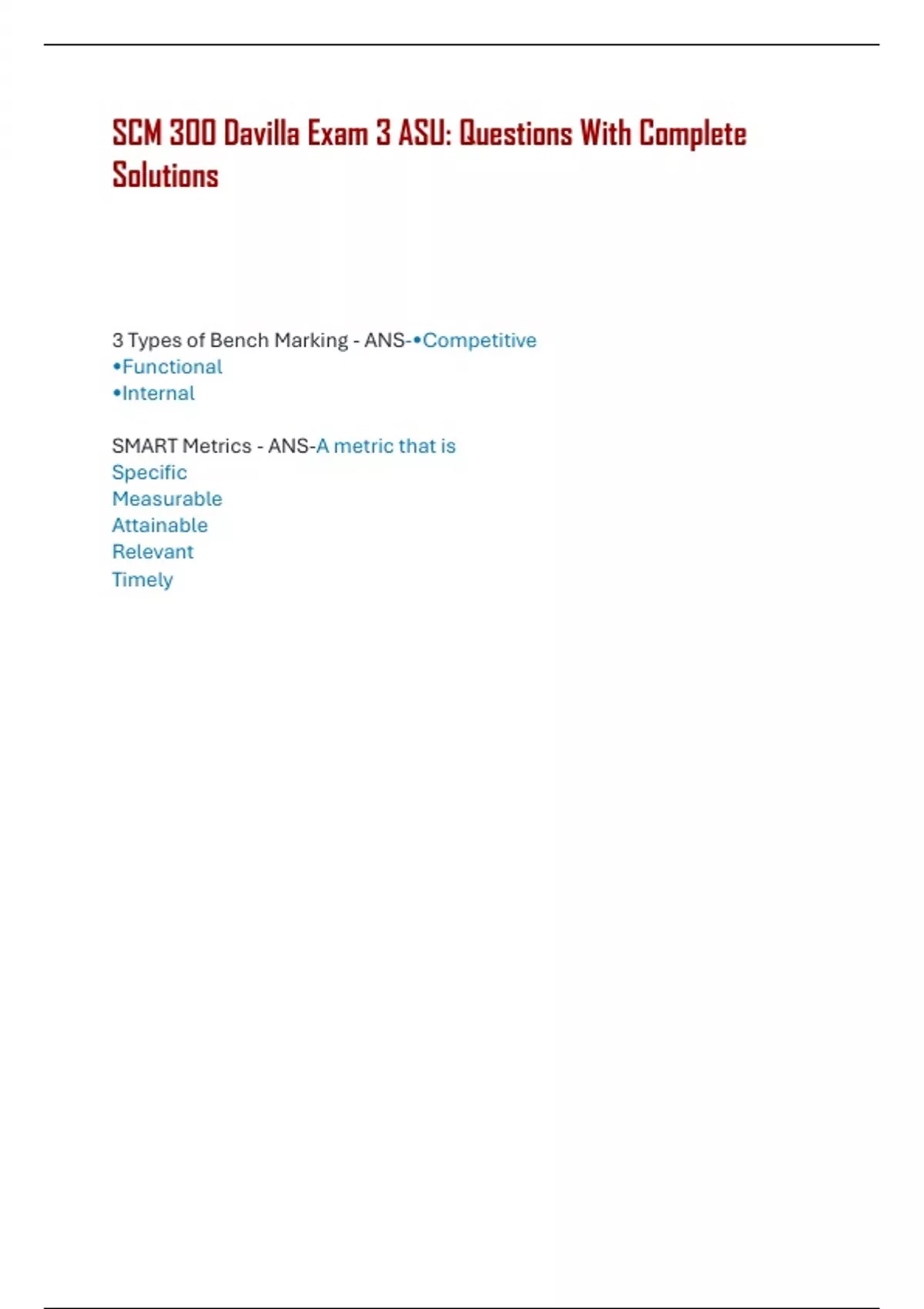 SCM 300 Davilla Exam 3 ASU: Questions With Complete Solutions - SCM 300 ...