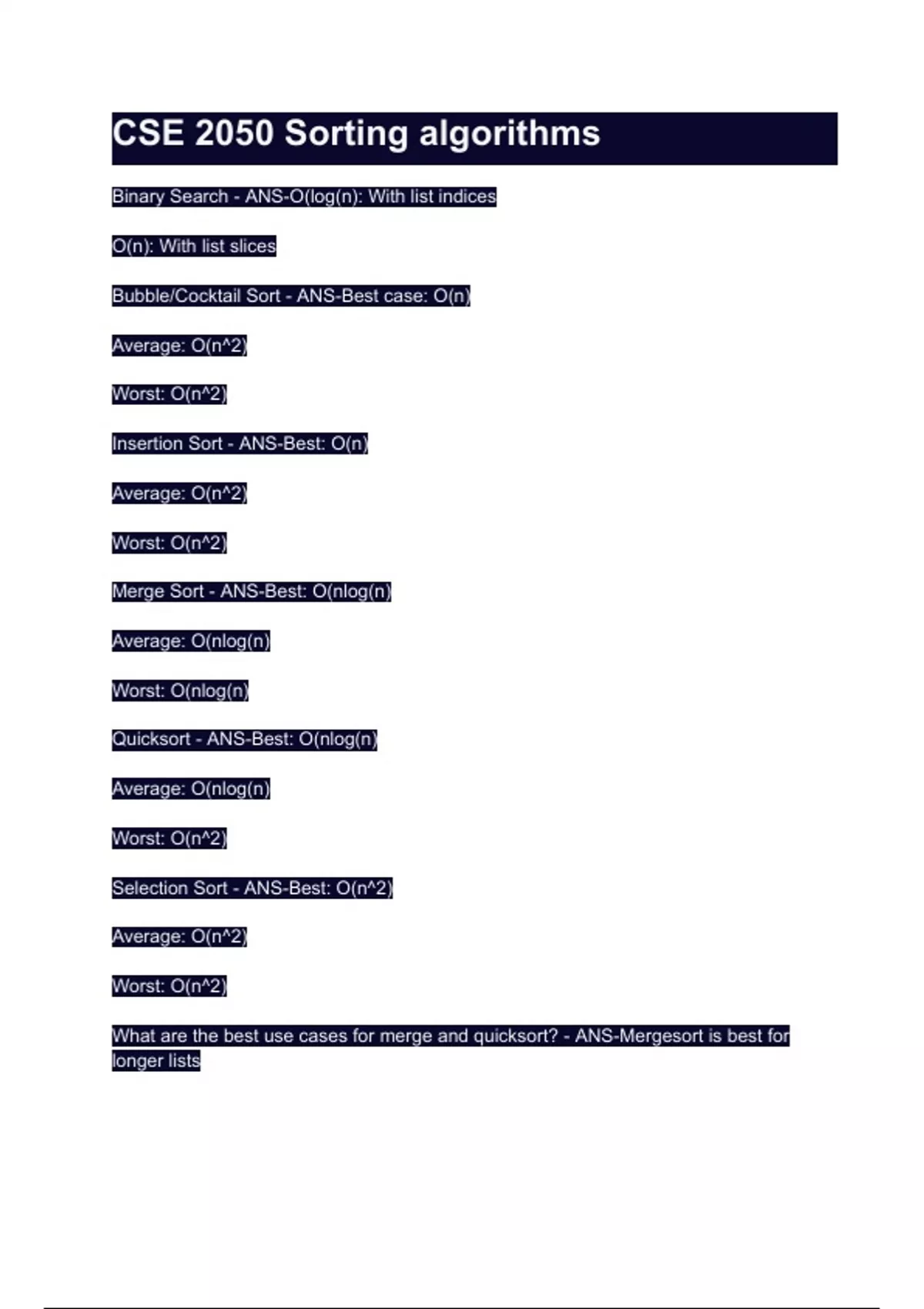 CSE 2050 Sorting algorithms with 100% correct answers | verified ...