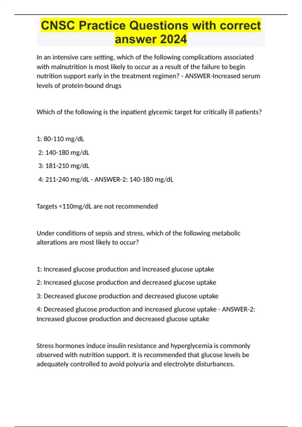 CNSC Practice Questions with correct answer 2024 - Nutrition - Stuvia US