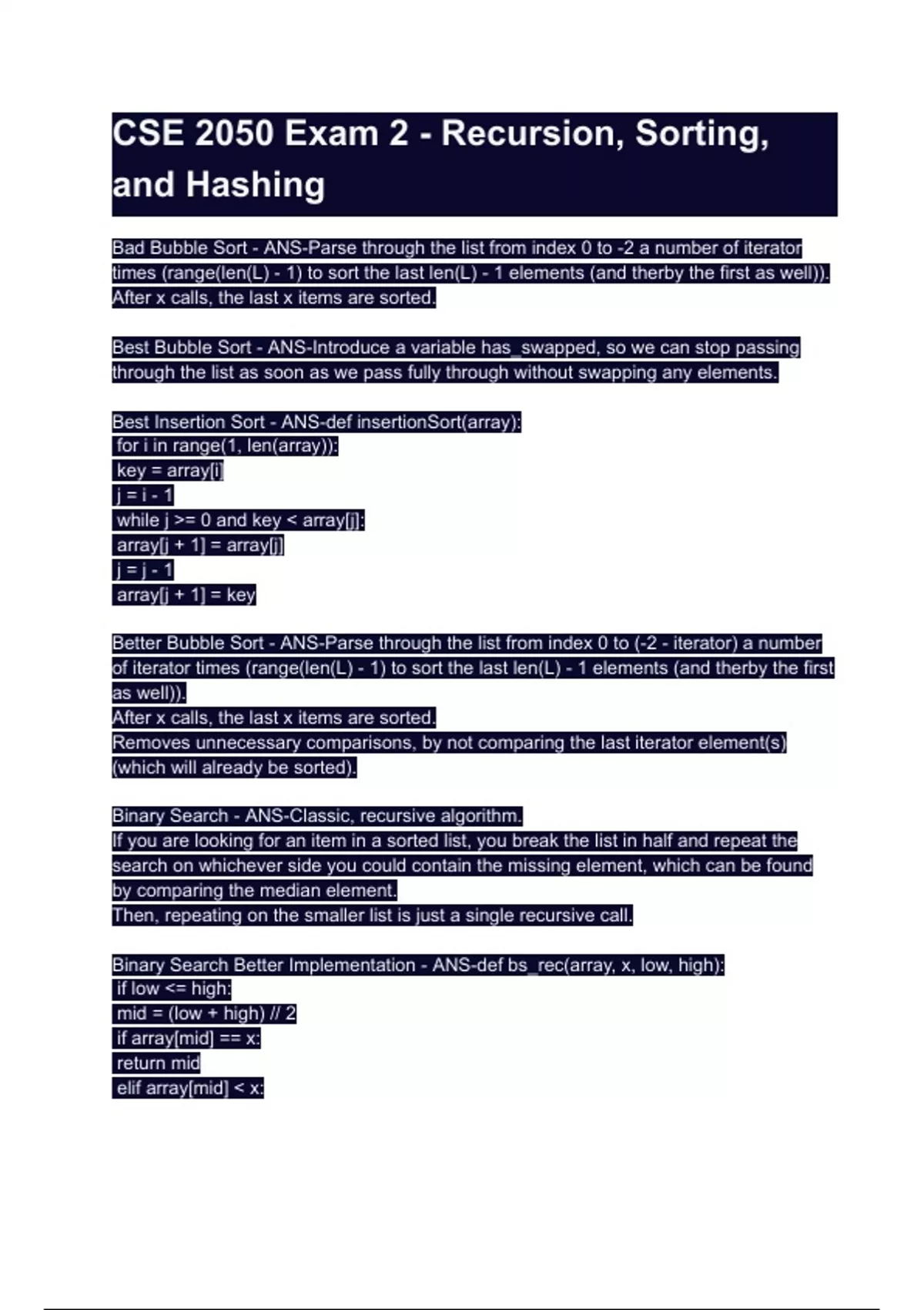 Cse 2050 Exam 2 Recursion Sorting And Hashing With 100 Correct 5997
