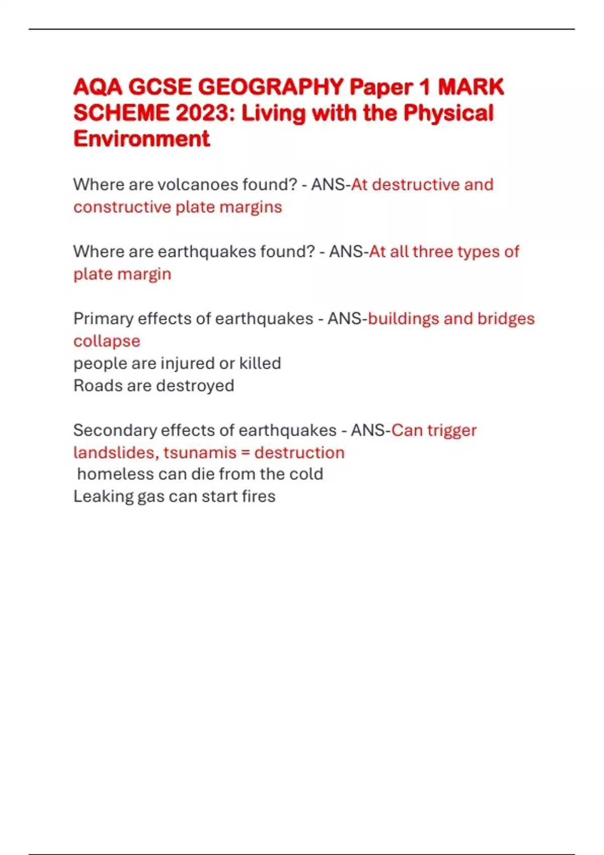 AQA GCSE GEOGRAPHY Paper 1 MARK SCHEME 2023: Living with the Physical Environment - GEOGRAPHY 1 ...