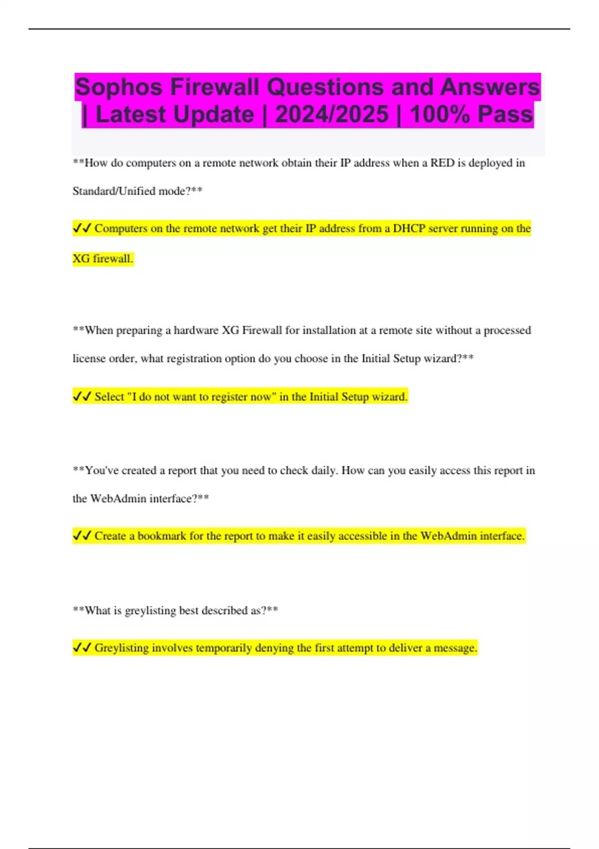 Sophos Firewall Questions and Answers | Latest Update | 2024/2025 | 100 ...