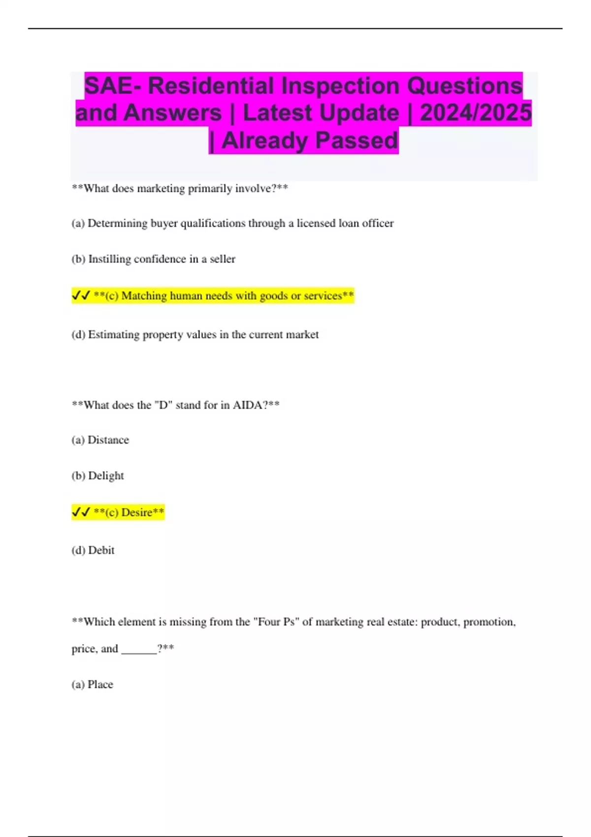 SAE- Residential Inspection Questions and Answers | Latest Update ...