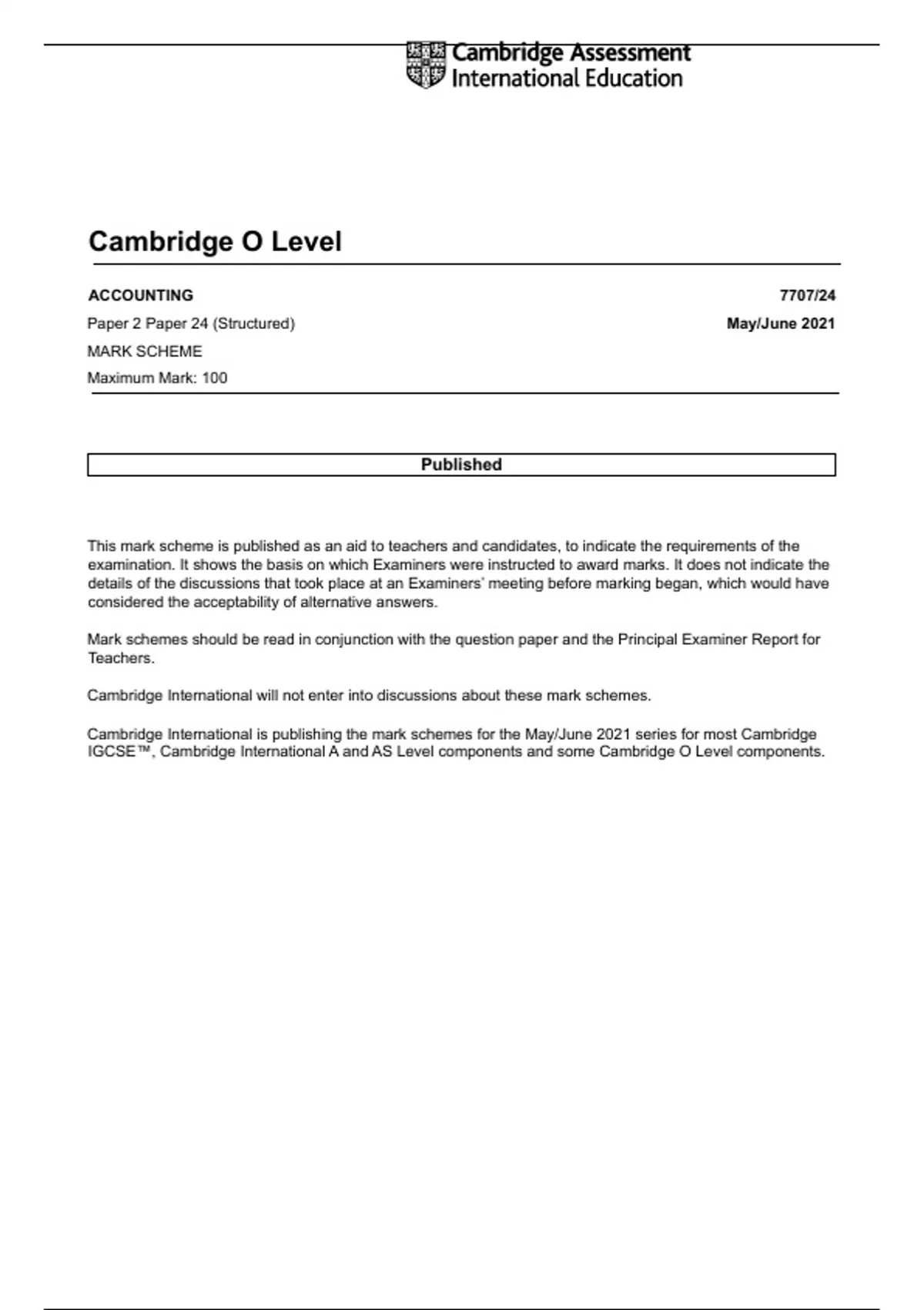Cambridge O Level ACCOUNTING 7707/24 Paper 2 Paper 24 (Structured) May ...