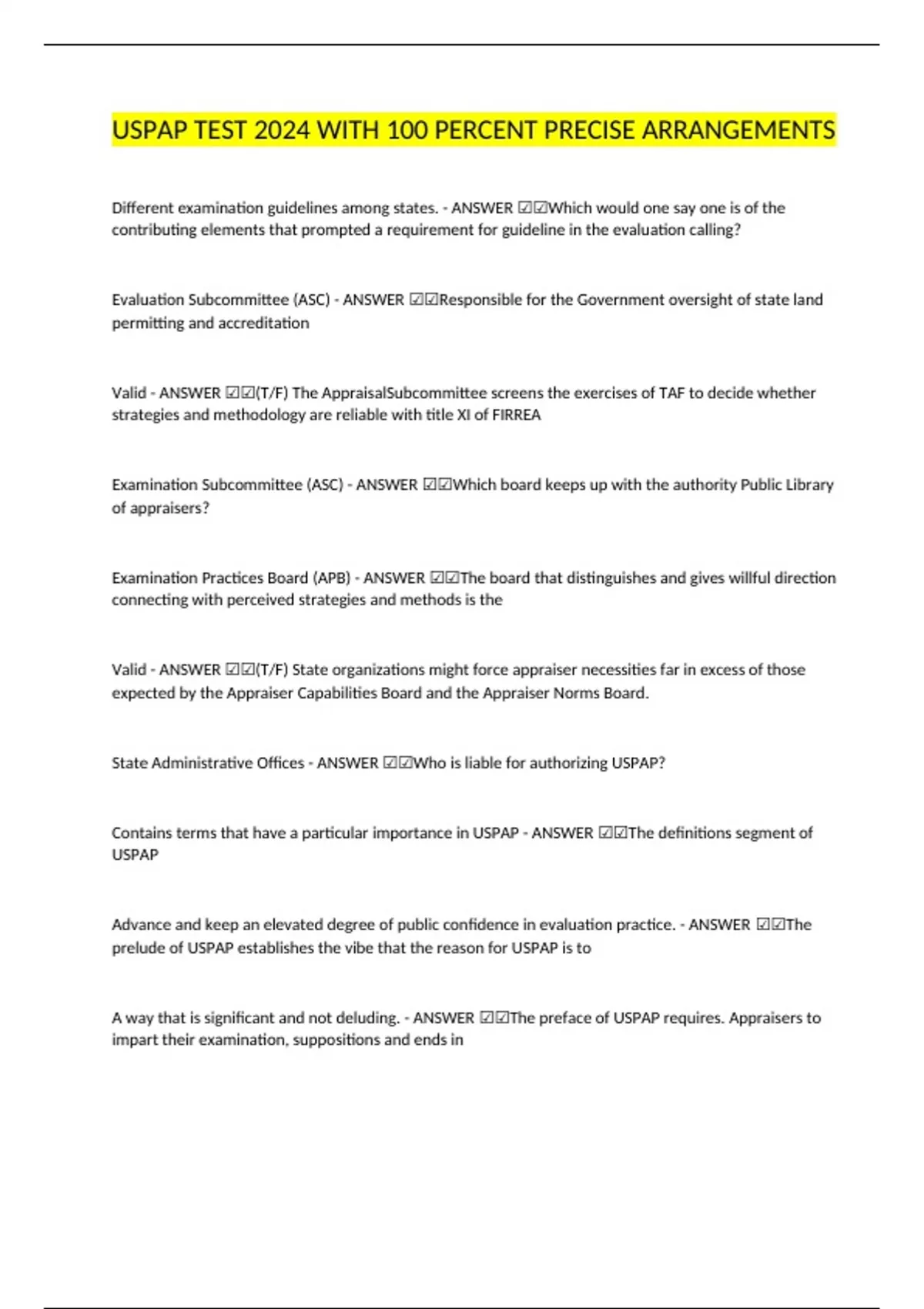 USPAP TEST 2024 WITH 100 PERCENT PRECISE ARRANGEMENTS - Uspap - Stuvia US