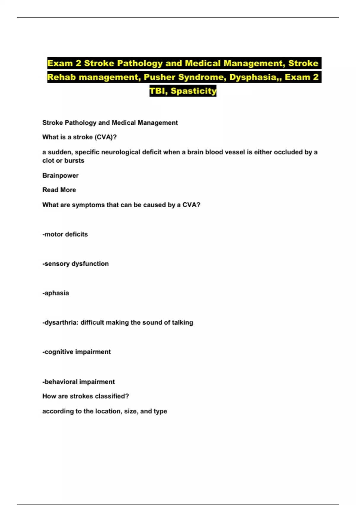 Exam 2 Stroke Pathology and Medical Management, Stroke Rehab management ...
