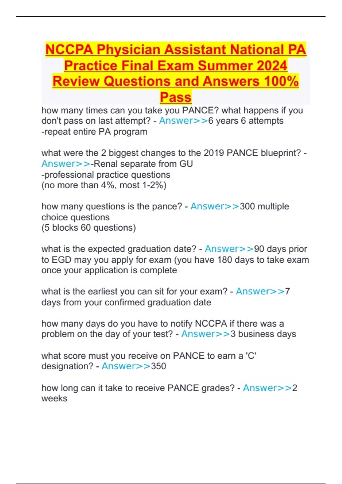 NCCPA Physician Assistant National PA Practice Final Exam Summer 2024 ...