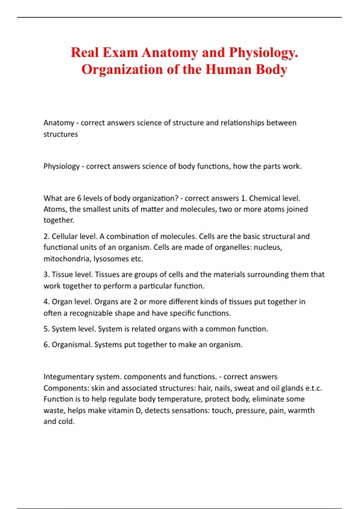 Real Exam Anatomy and Physiology. Organization of the Human Body - KAAP ...
