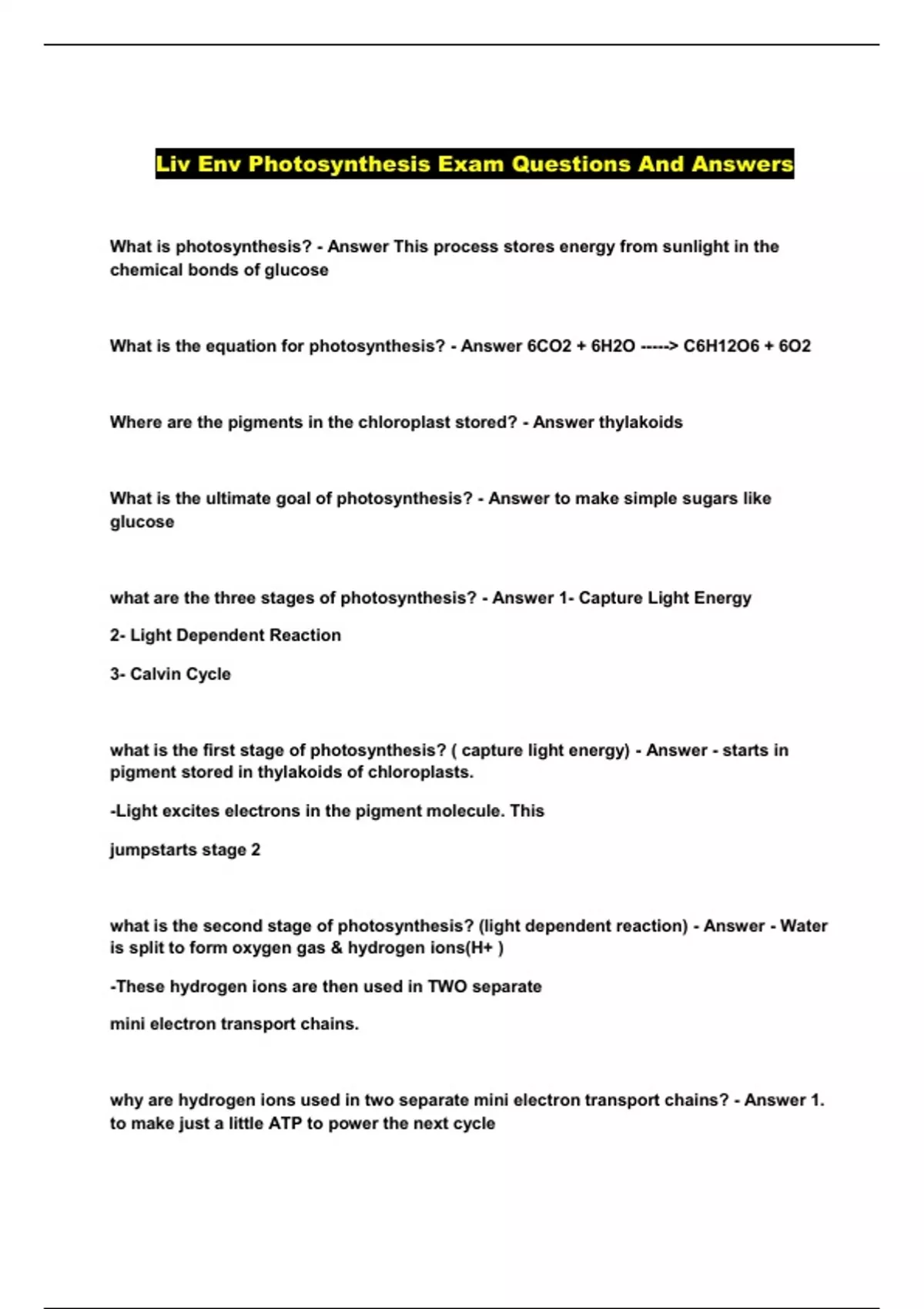 Liv Env Photosynthesis Exam Questions And Answers - Liv Env ...