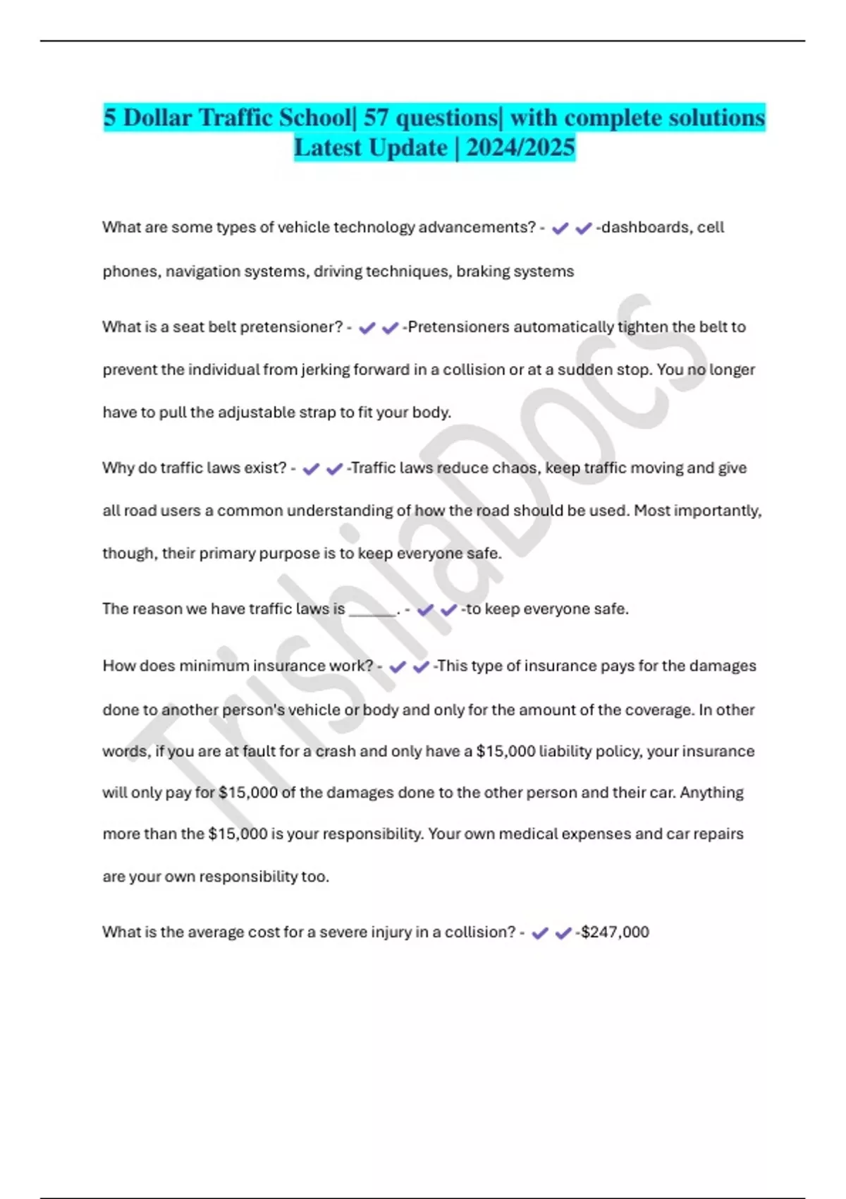 5 Dollar Traffic School| 57 questions| with complete solutions Latest ...