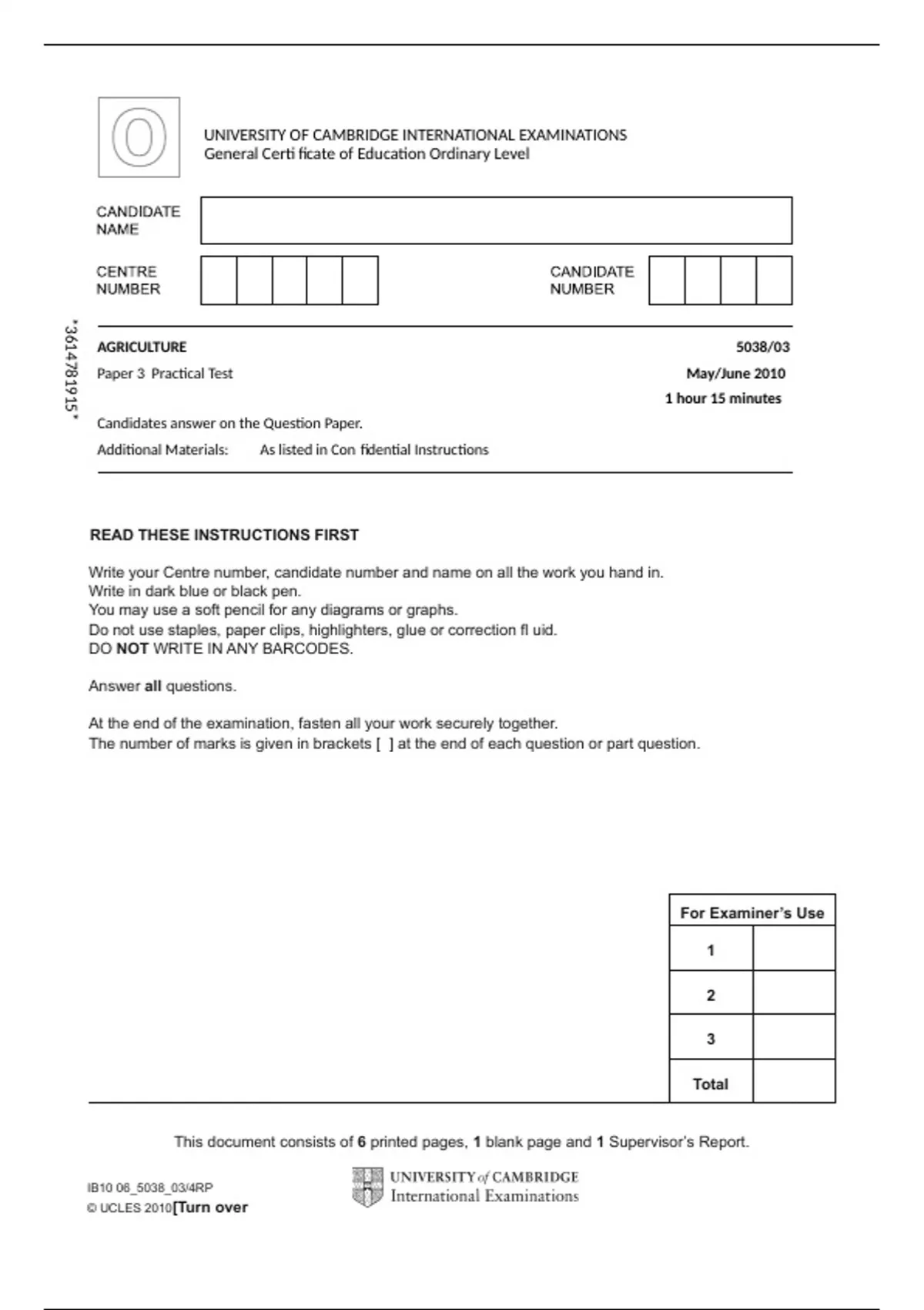 CAMBRIDGE O LEVEL AGRICULTURE |PAPER 3 PRACTICAL TEST - CHAMBERLAIN O ...