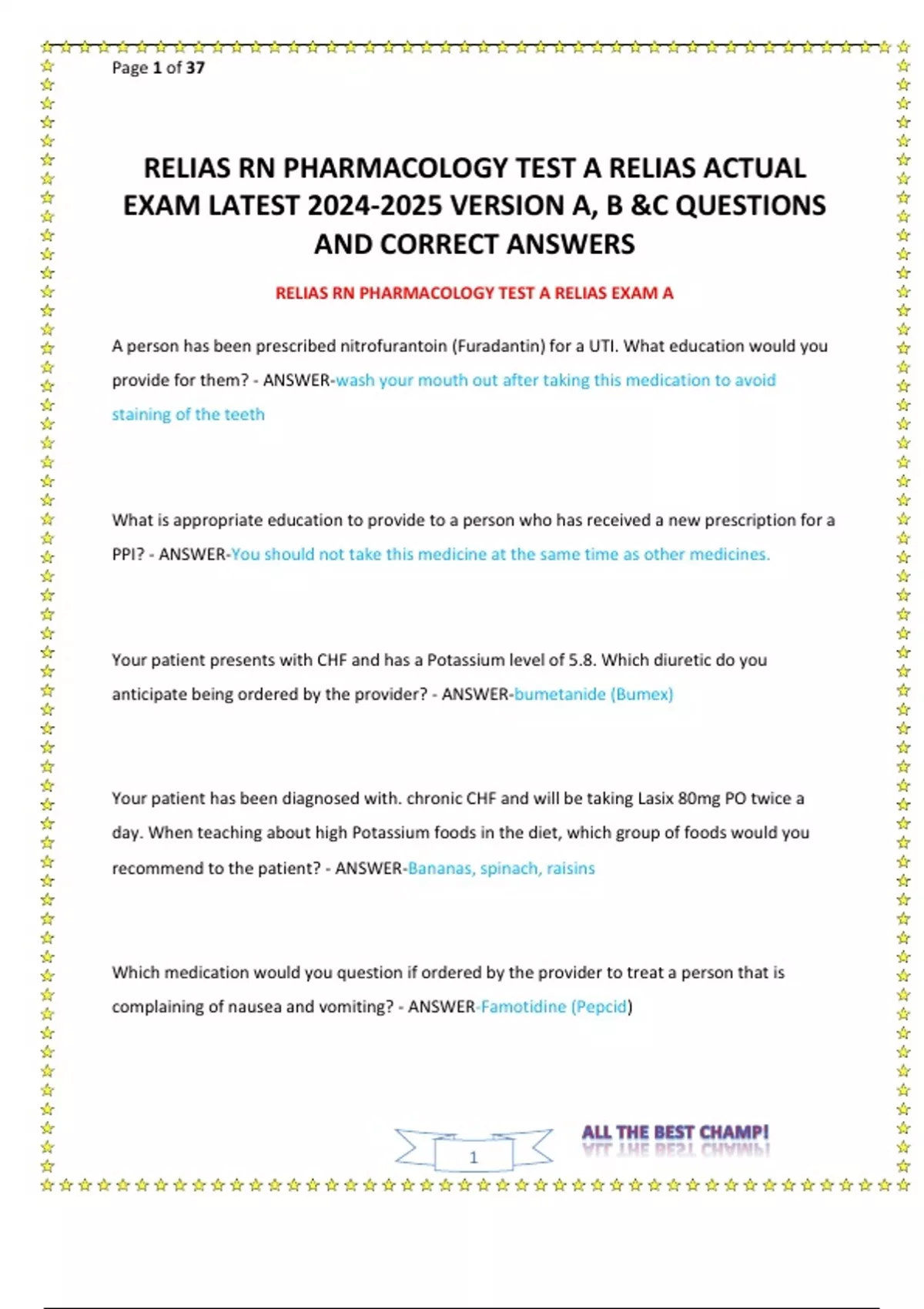 RELIAS RN PHARMACOLOGY TEST A RELIAS ACTUAL EXAM LATEST VERSION A, B &C ...