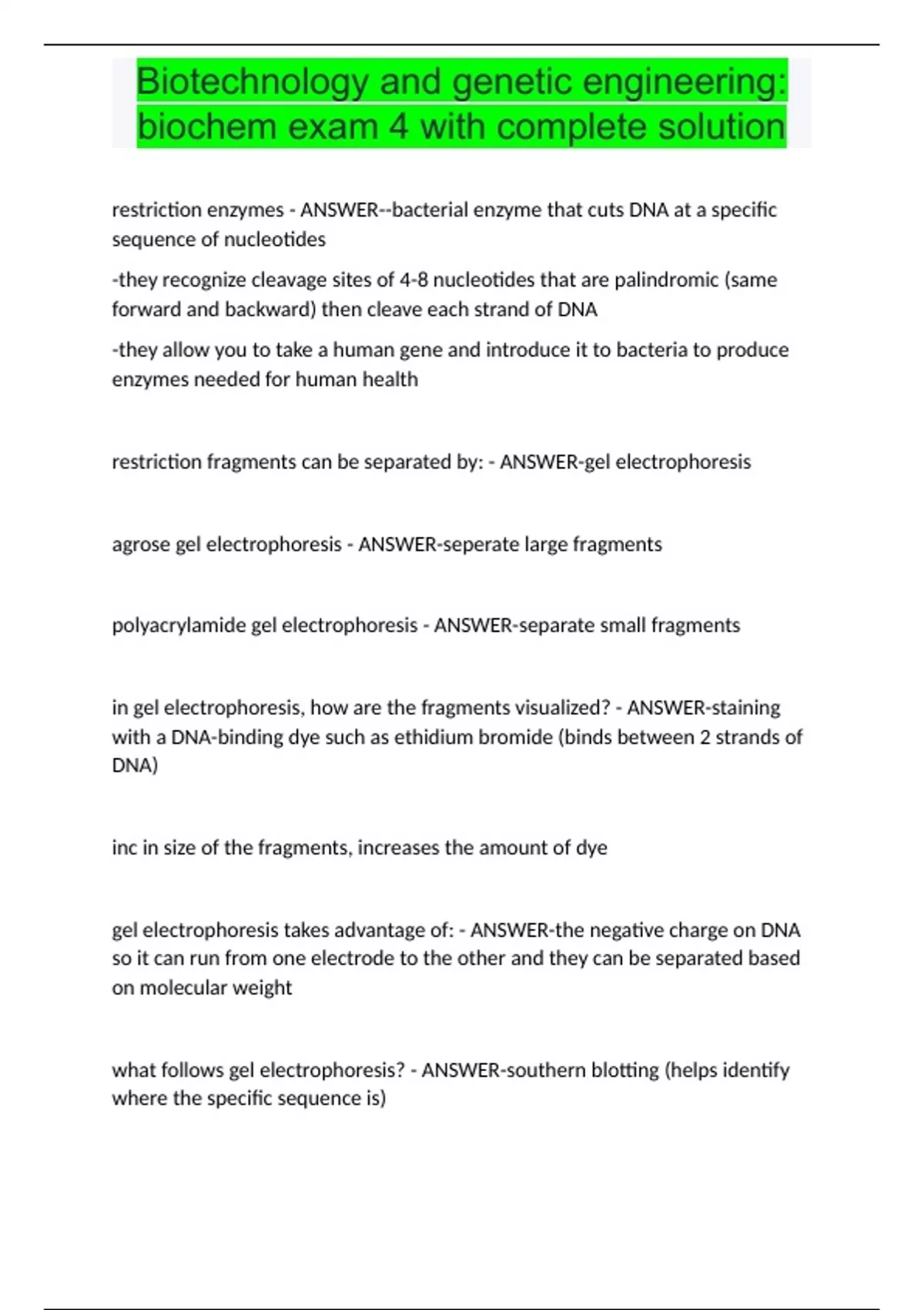 Biotechnology and genetic engineering biochem exam 4 with complete ...
