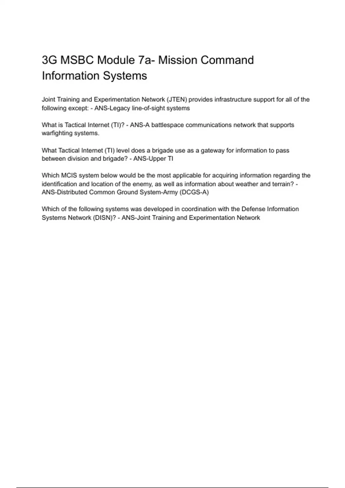 3G MSBC Module 7a- Mission Command Information Systems Questions with ...