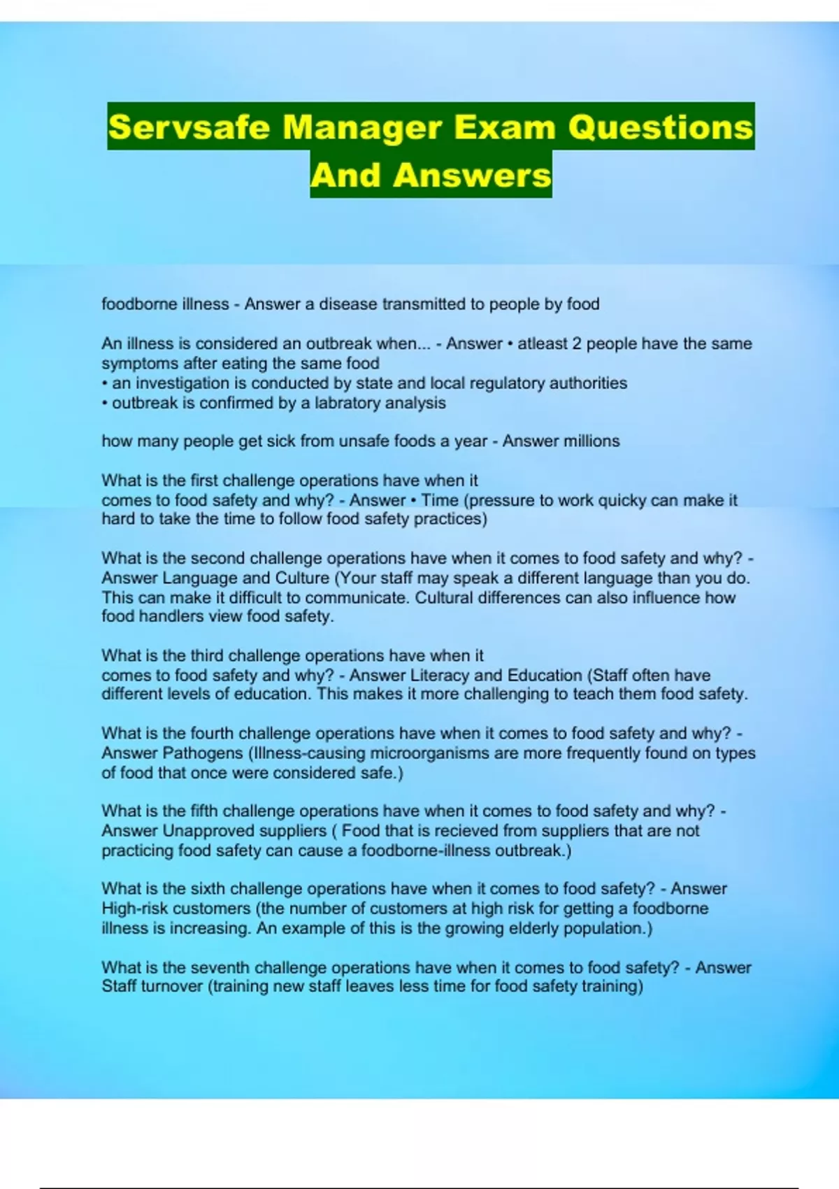 ServSafe Manager Exam Questions and Answers Updated (2024 / 2025 ...