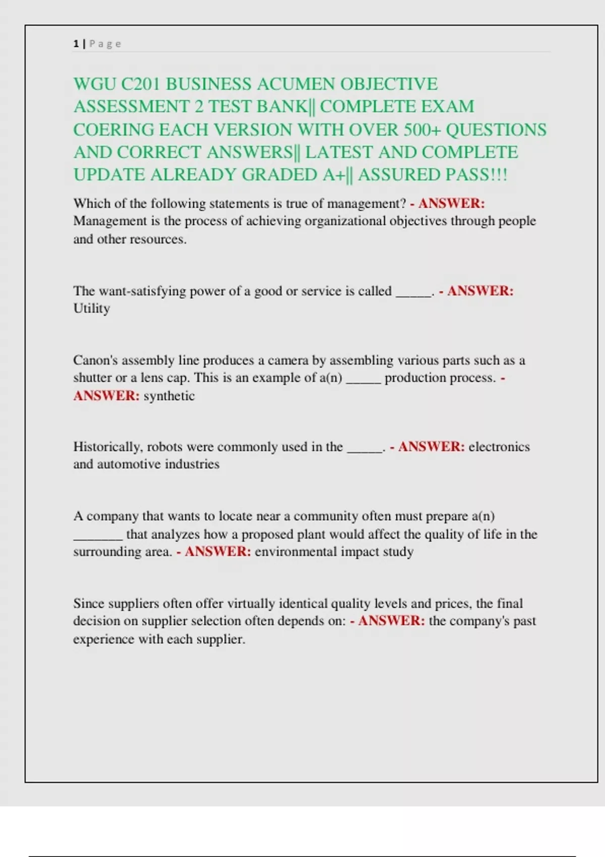 WGU C201 BUSINESS ACUMEN OBJECTIVE ASSESSMENT 2 TEST BANK|| COMPLETE ...