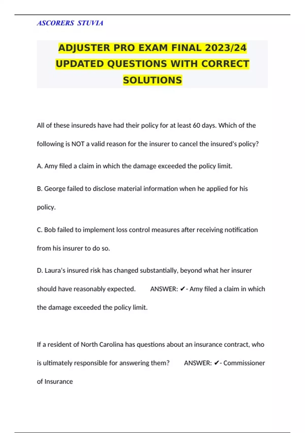 ADJUSTER PRO EXAM FINAL 2023/24 UPDATED QUESTIONS WITH CORRECT SOLUTIONS - Adjuster pro - Stuvia US