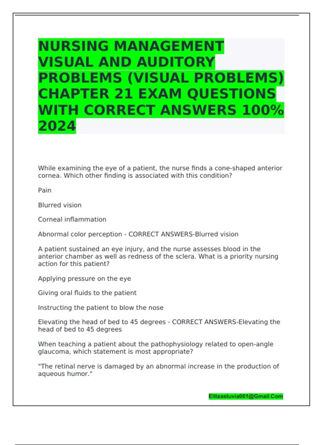 NURSING MANAGEMENT VISUAL AND AUDITORY PROBLEMS (VISUAL PROBLEMS) CHAPTER 21 EXAM QUESTIONS WITH ...