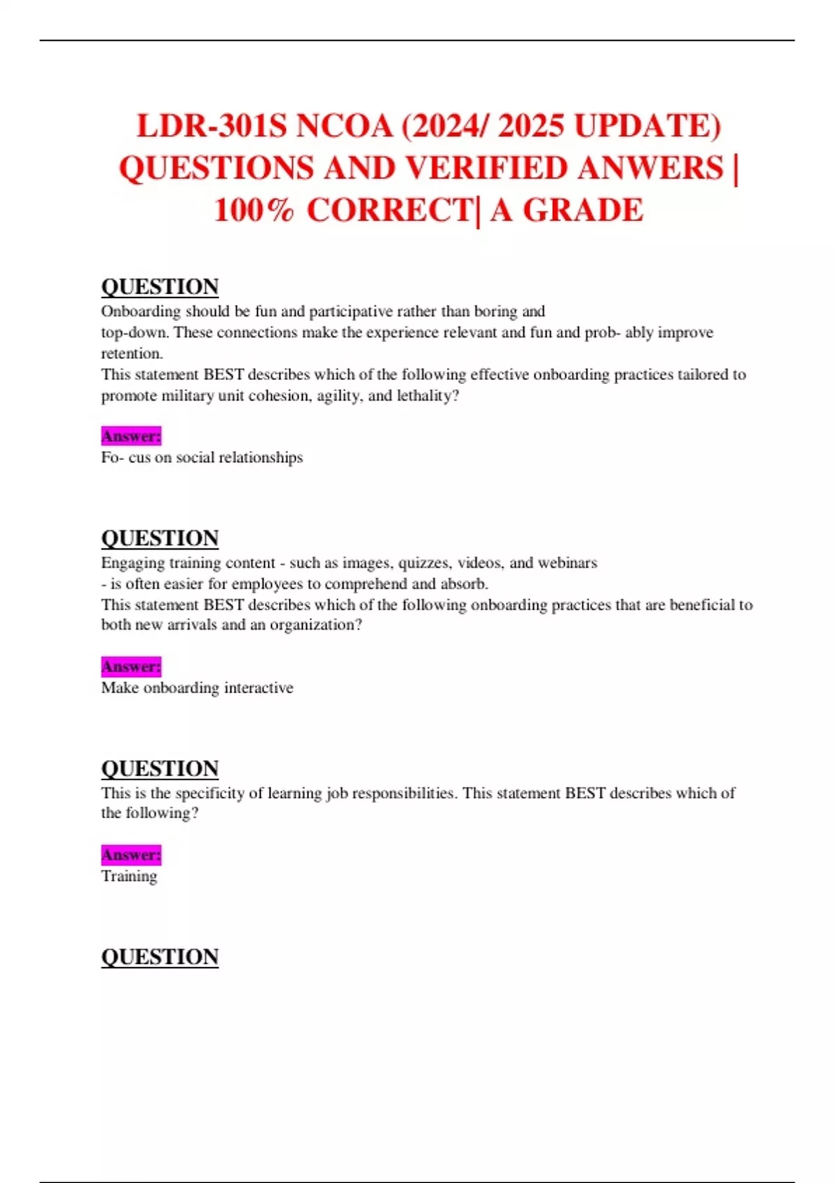 LDR-301S NCOA (2024/ 2025 UPDATE) QUESTIONS AND VERIFIED ANWERS 100% ...