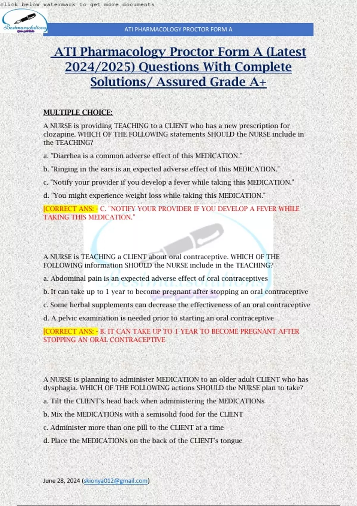 ATI Pharmacology Proctor Form A (Latest 2024/2025) Questions With ...