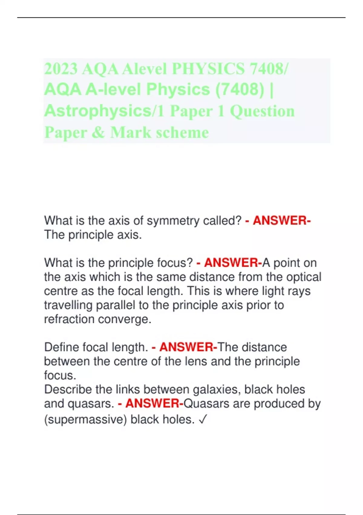 2023 AQA Alevel PHYSICS 7408/ AQA A-level Physics (7408) | Astrophysics/1 Paper 1 Question Paper ...