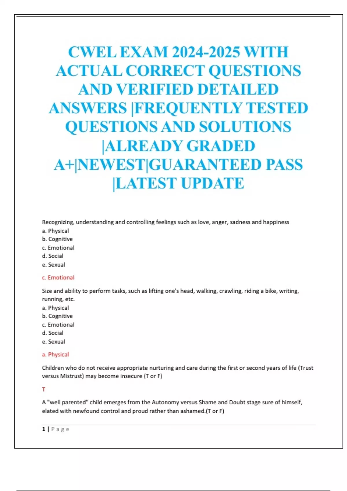 CWEL EXAM WITH ACTUAL CORRECT QUESTIONS AND VERIFIED DETAILED ANSWERS ...