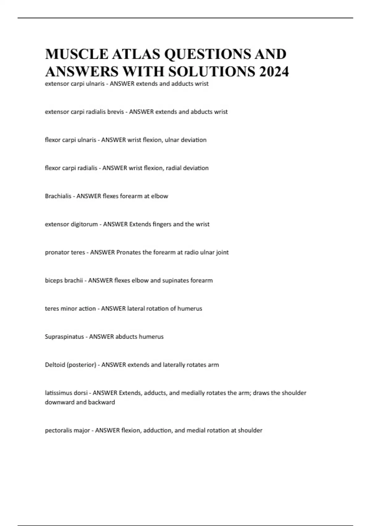 MUSCLE ATLAS QUESTIONS AND ANSWERS WITH SOLUTIONS 2024 - ATLAS - Stuvia US